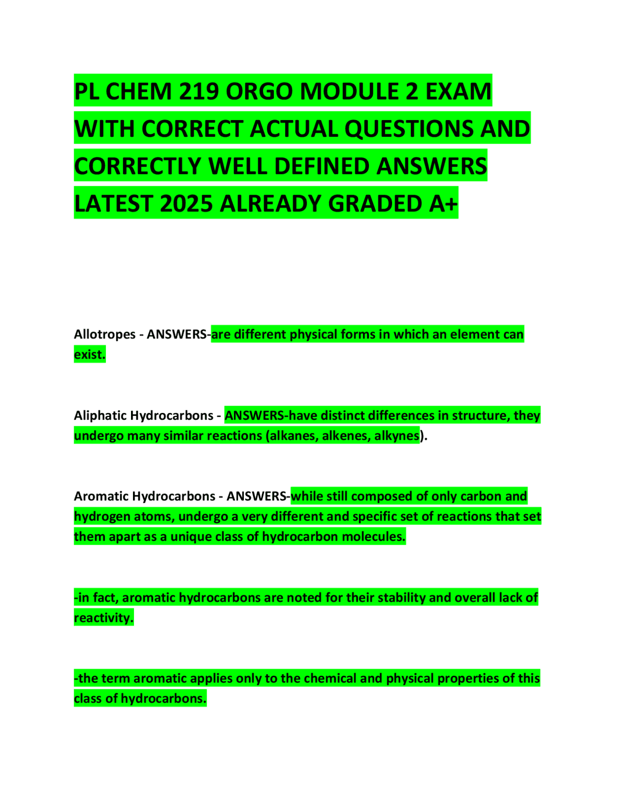 PL CHEM 219 ORGO MODULE 2 EXAM WITH CORRECT ACTUAL QUESTIONS | Exams ...