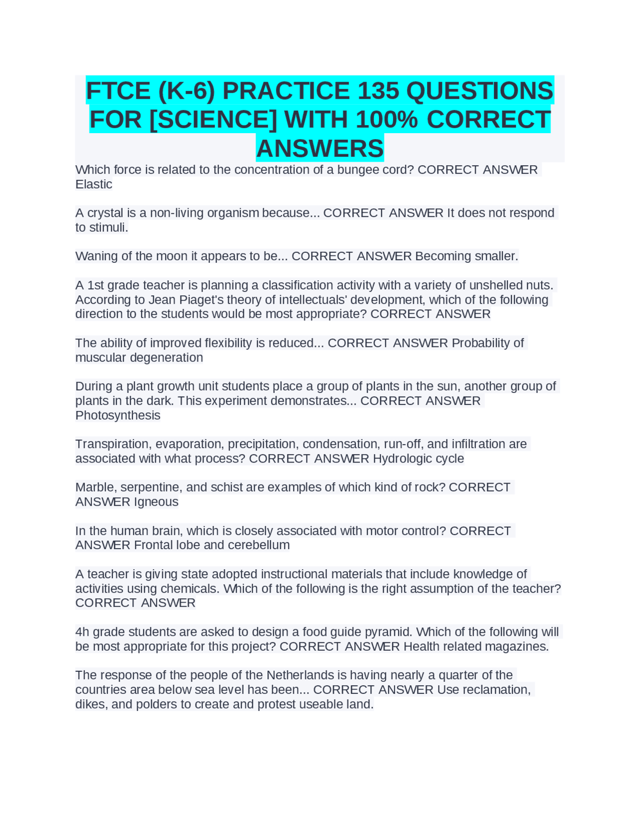 FTCE (K-6) Science Practice Questions and Answers | Exams Advanced ...