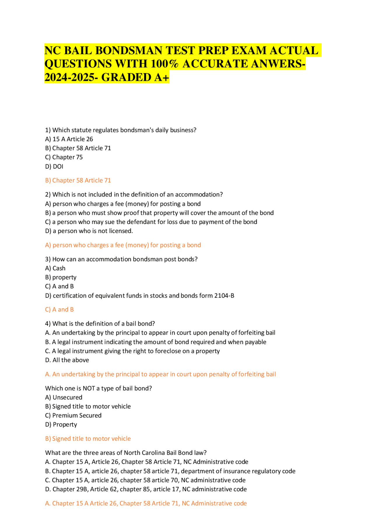 NC Bail Bondsman Test Prep Exam: Actual Questions and Answers | Exams ...