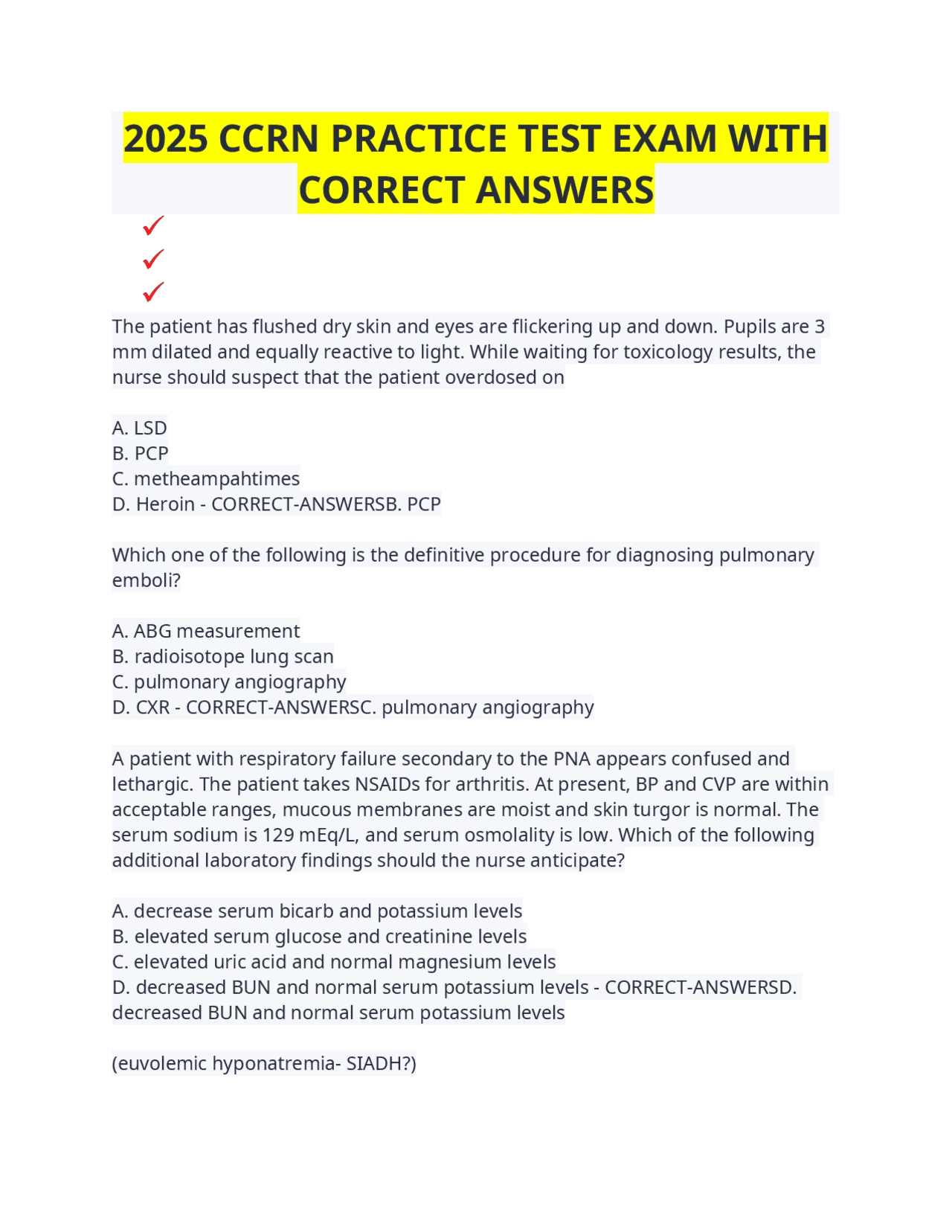 2025 CCRN Practice Test Exam with Correct Answers | Exams Advanced ...