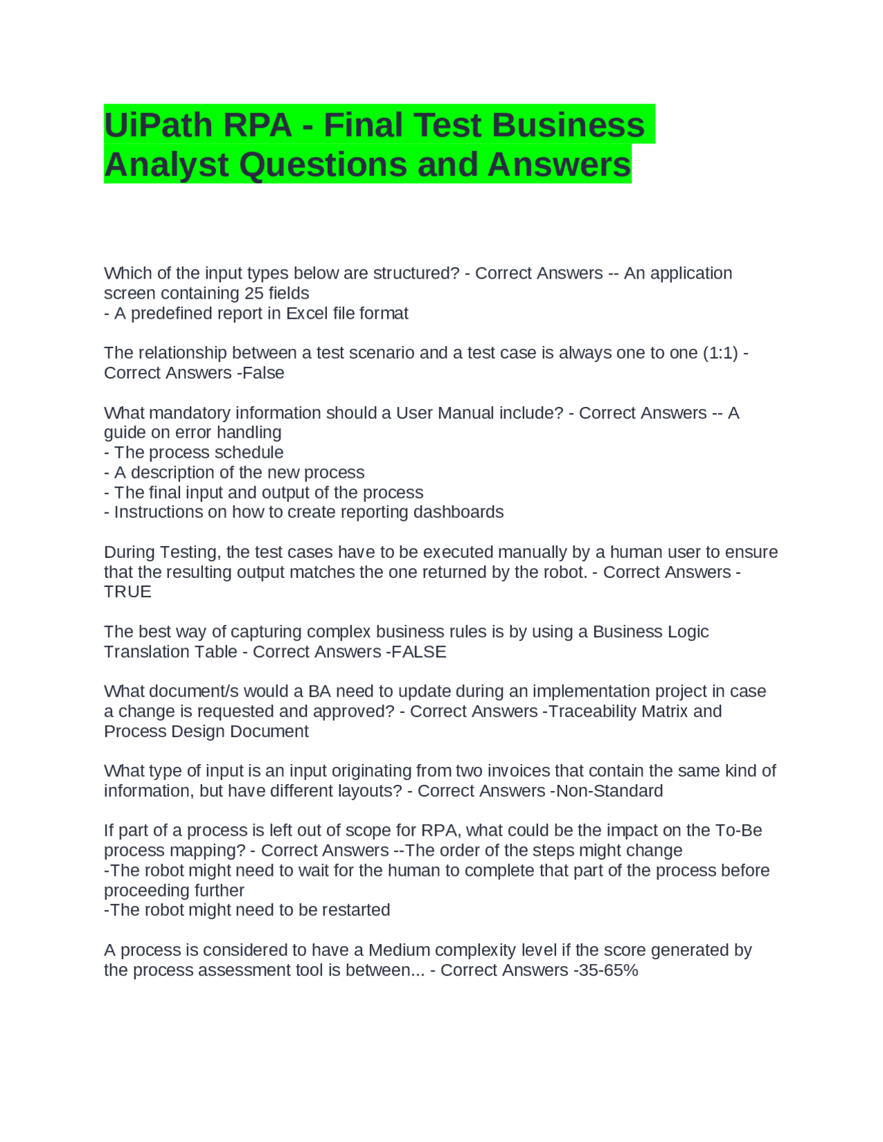 UiPath RPA - Final Test Business Analyst Questions and Answers | Exams ...