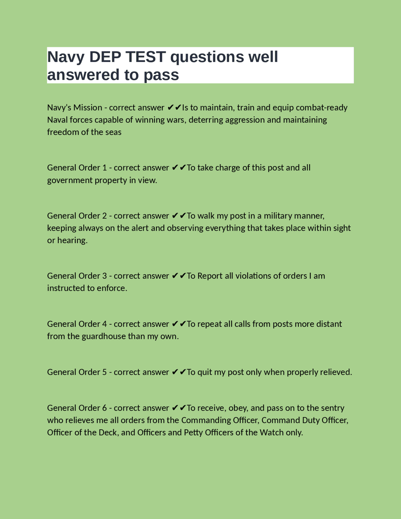 Navy DEP Test Questions and Answers | Exams Nursing | Docsity