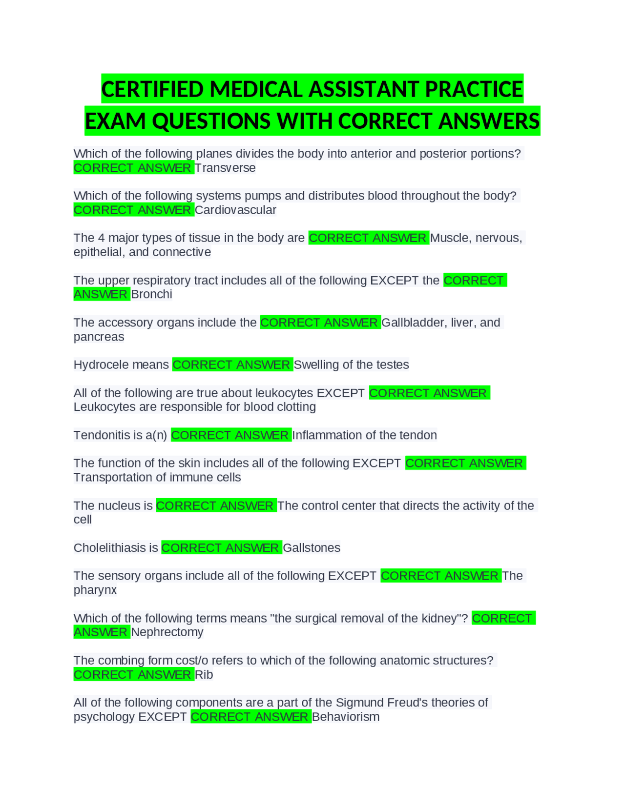 CERTIFIED MEDICAL ASSISTANT PRACTICE EXAM QUESTIONS WITH CORRECT ...