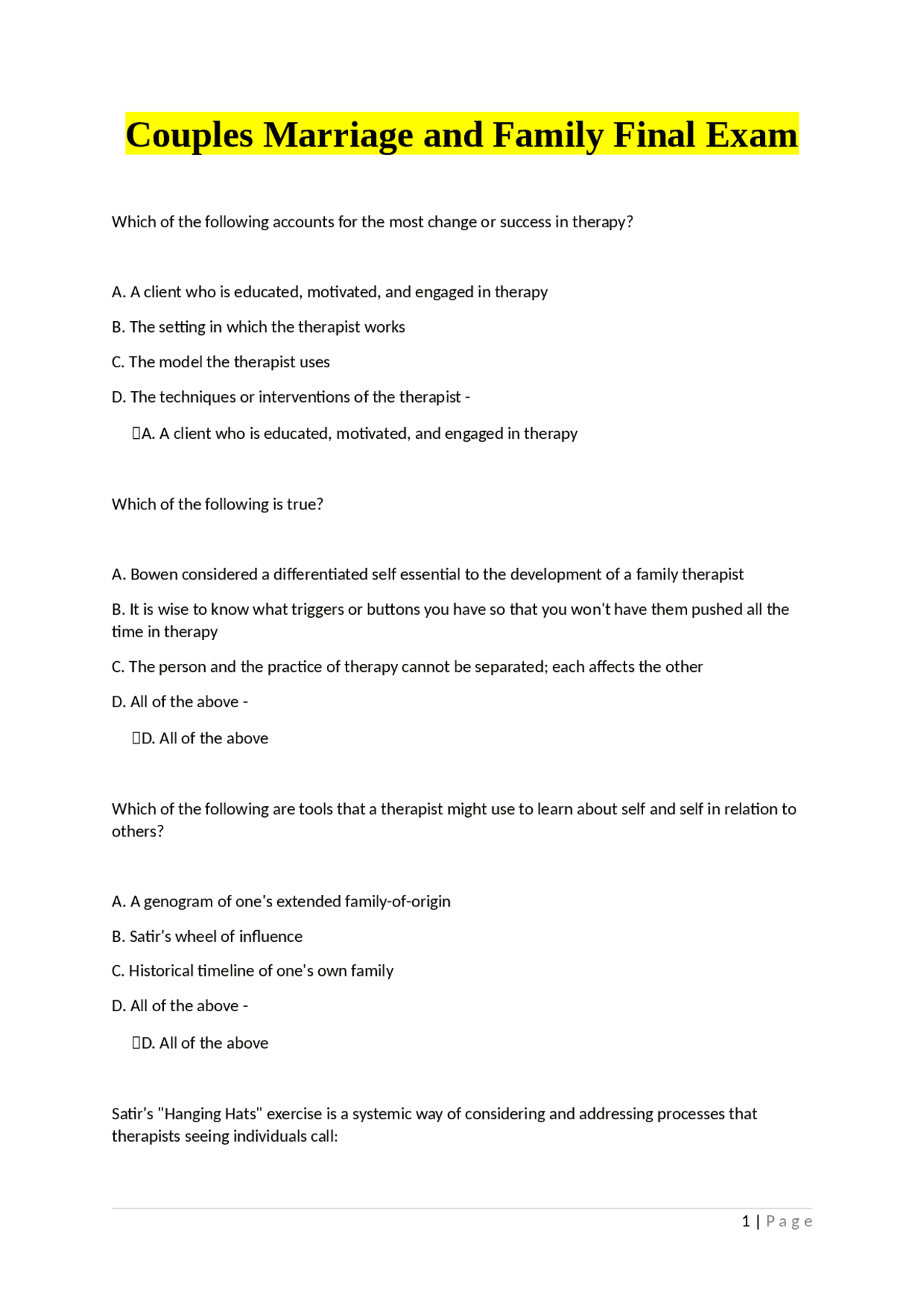 Couples Marriage and Family Final Exam. | Exams Psychology | Docsity