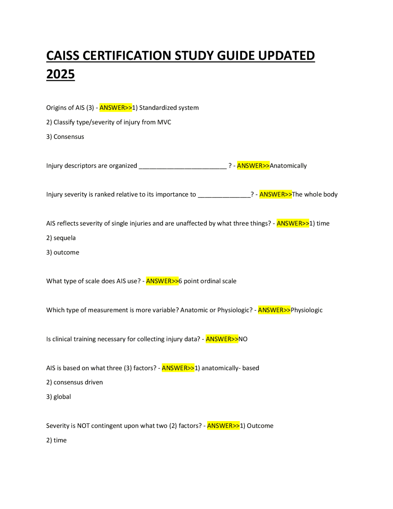 CAISS CERTIFICATION STUDY GUIDE UPDATED 2025/2026 | Exams Nursing | Docsity