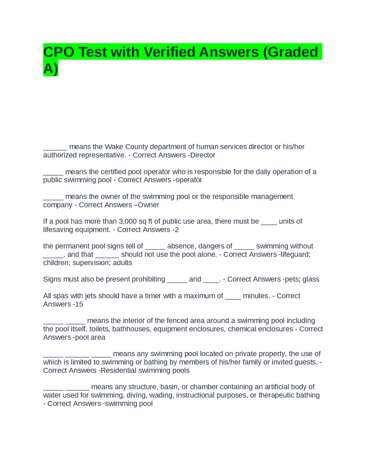 Wake County Swimming Pool Operations Permit: CPO Test with Verified ...