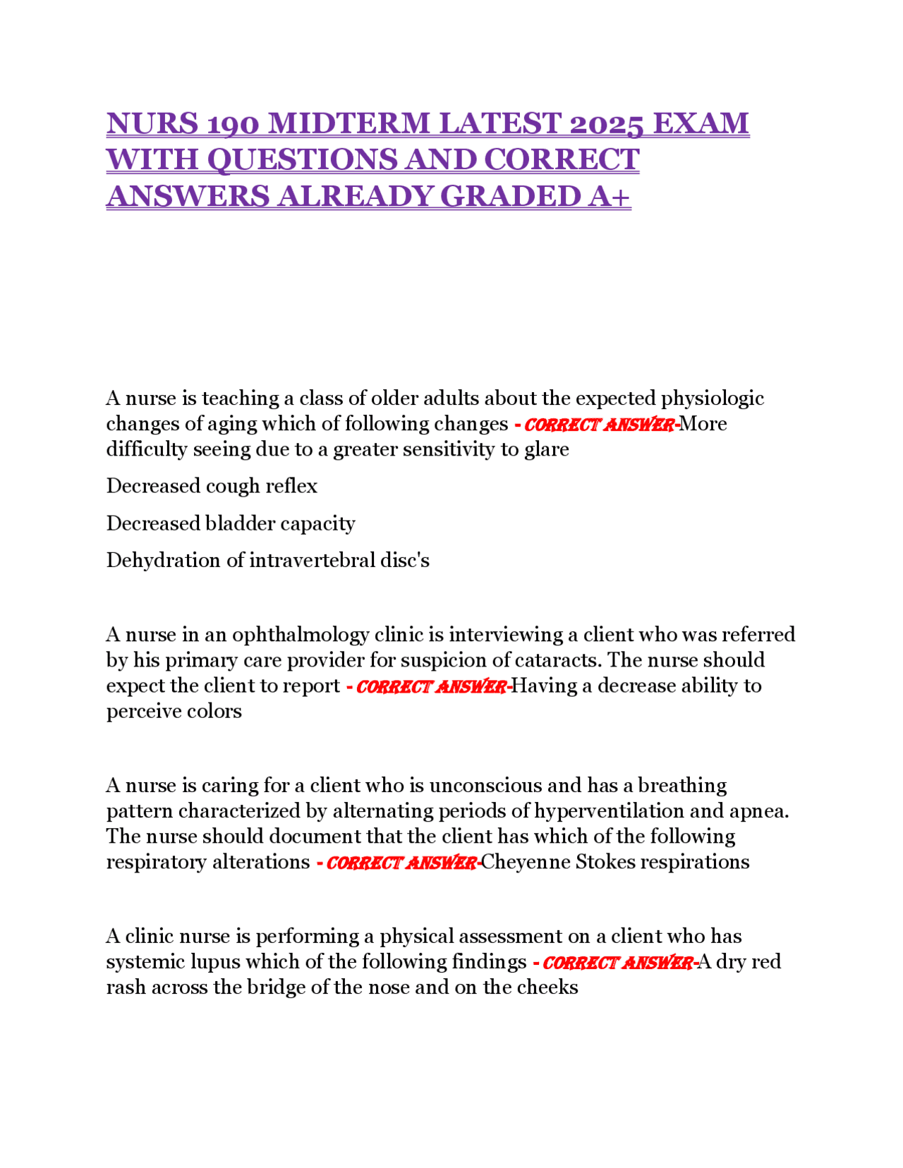 NURS 190 PHYSICAL ASSESSMENT MIDTERM NEWLY EXAM WITH MULTIPLE CHOICE OF QUESTIONS AND VERI ...