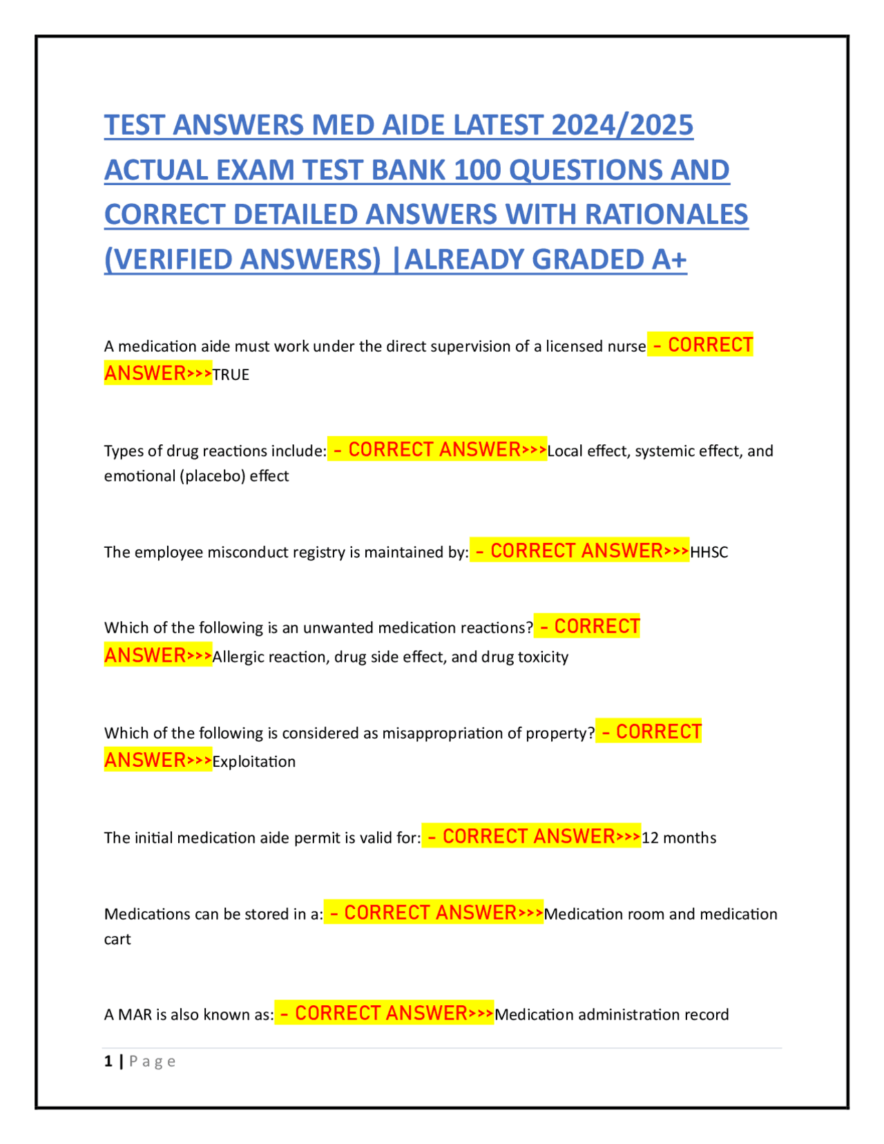 TEST ANSWERS MED AIDE LATEST 2024/2025 ACTUAL EXAM TEST BANK 100 ...