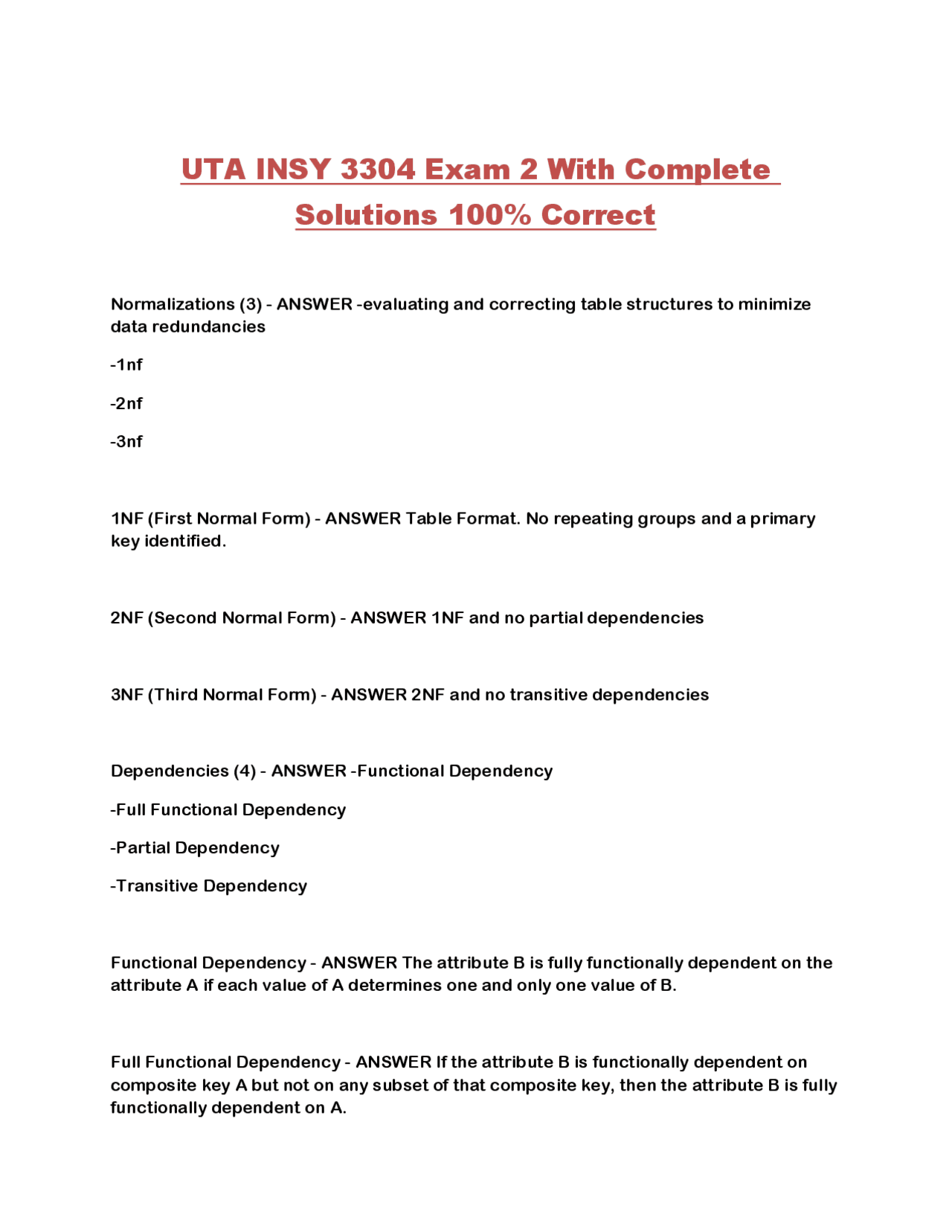 UTA INSY 3304 Exam 2 With Complete Solutions 100% Correct | Exams Advanced Education | Docsity