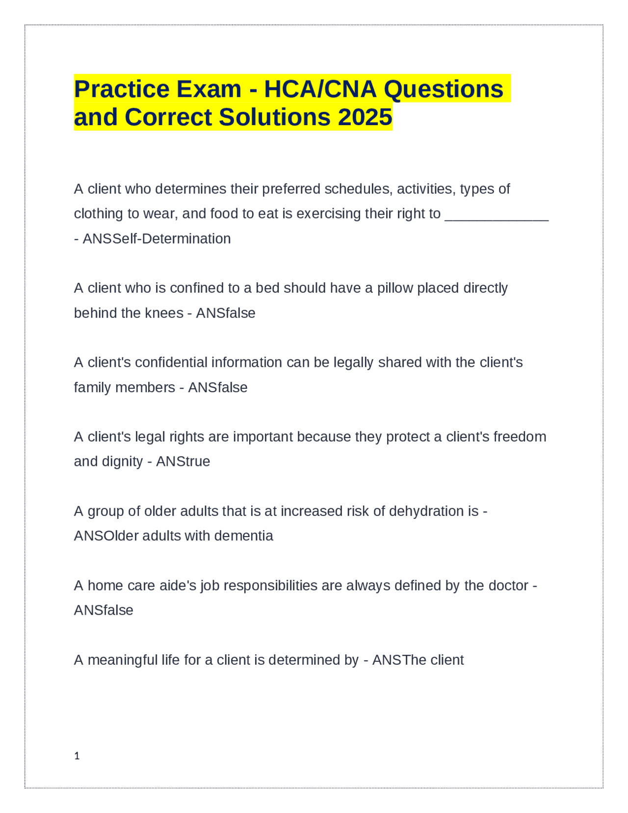 Practice Exam - HCA/CNA Questions and Correct Solutions 2025 | Exams Nursing | Docsity