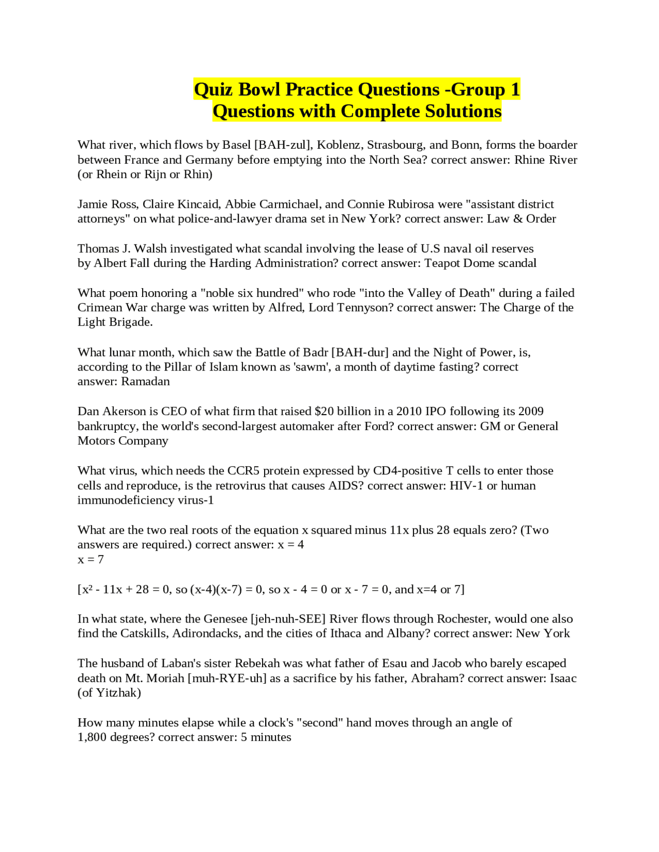 Quiz Bowl Practice Questions—Group 1 Questions with Complete Solutions ...