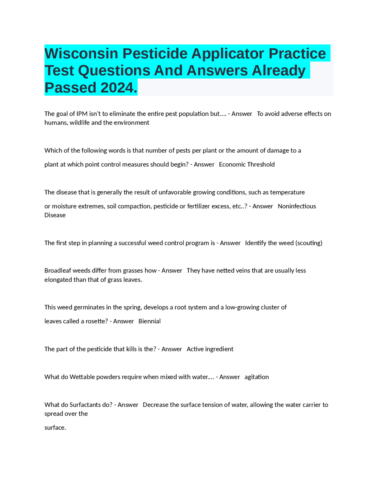 Wisconsin Pesticide Applicator Practice Test Questions And Answers ...
