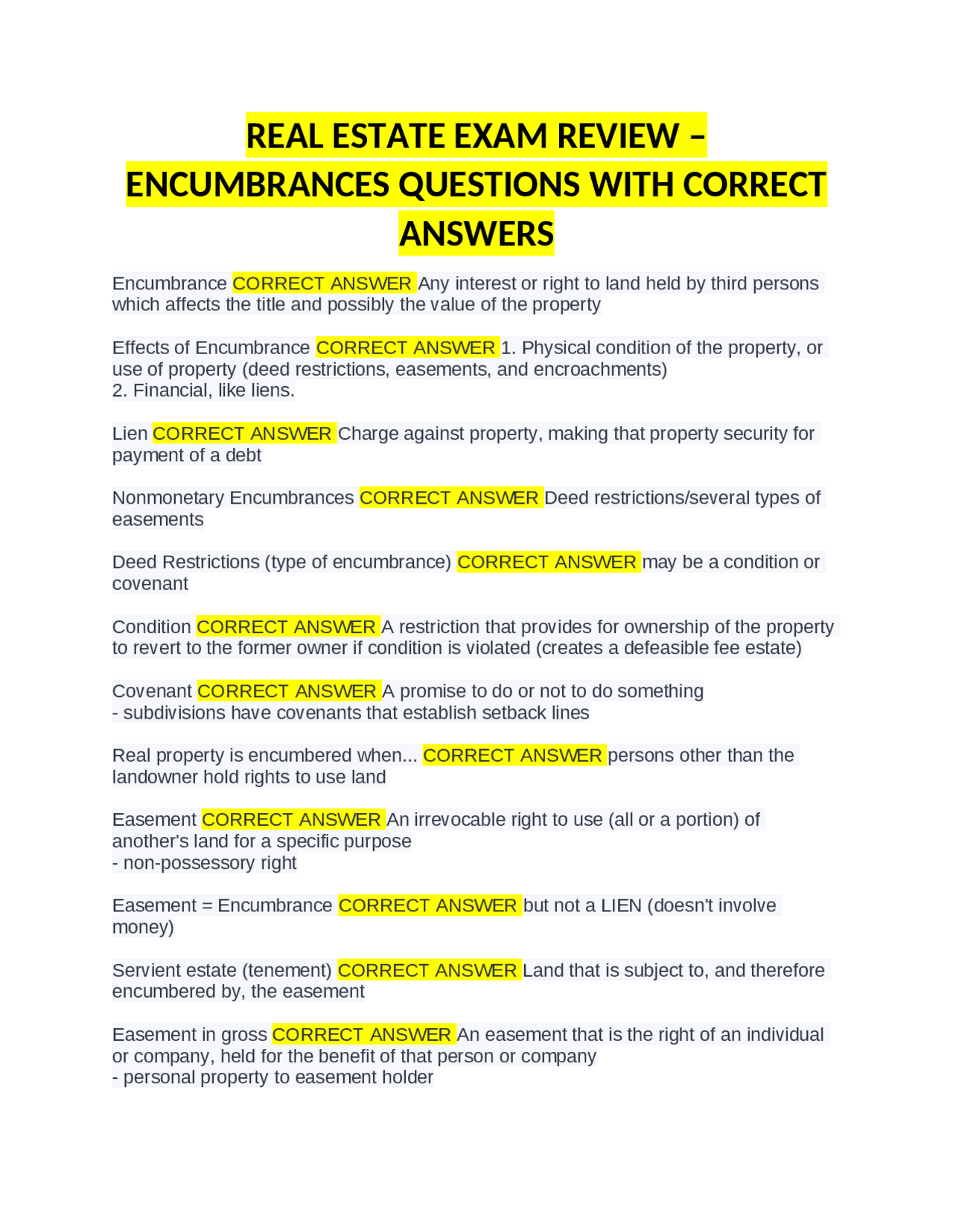 REAL ESTATE EXAM REVIEW – ENCUMBRANCES QUESTIONS WITH CORRECT ANSWERS ...