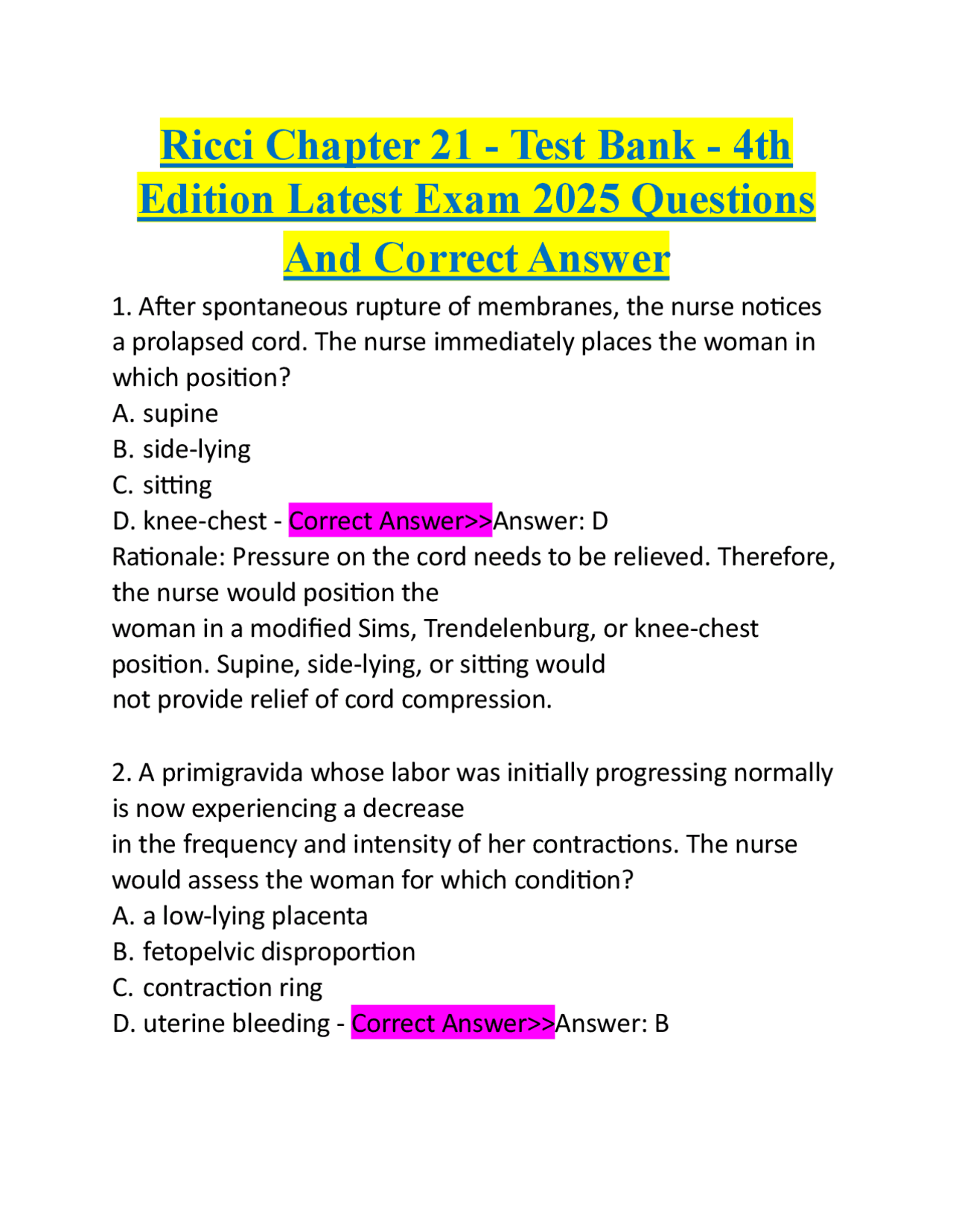 Ricci Chapter 21 - Test Bank - 4th Edition Latest Exam 2025 Questions ...