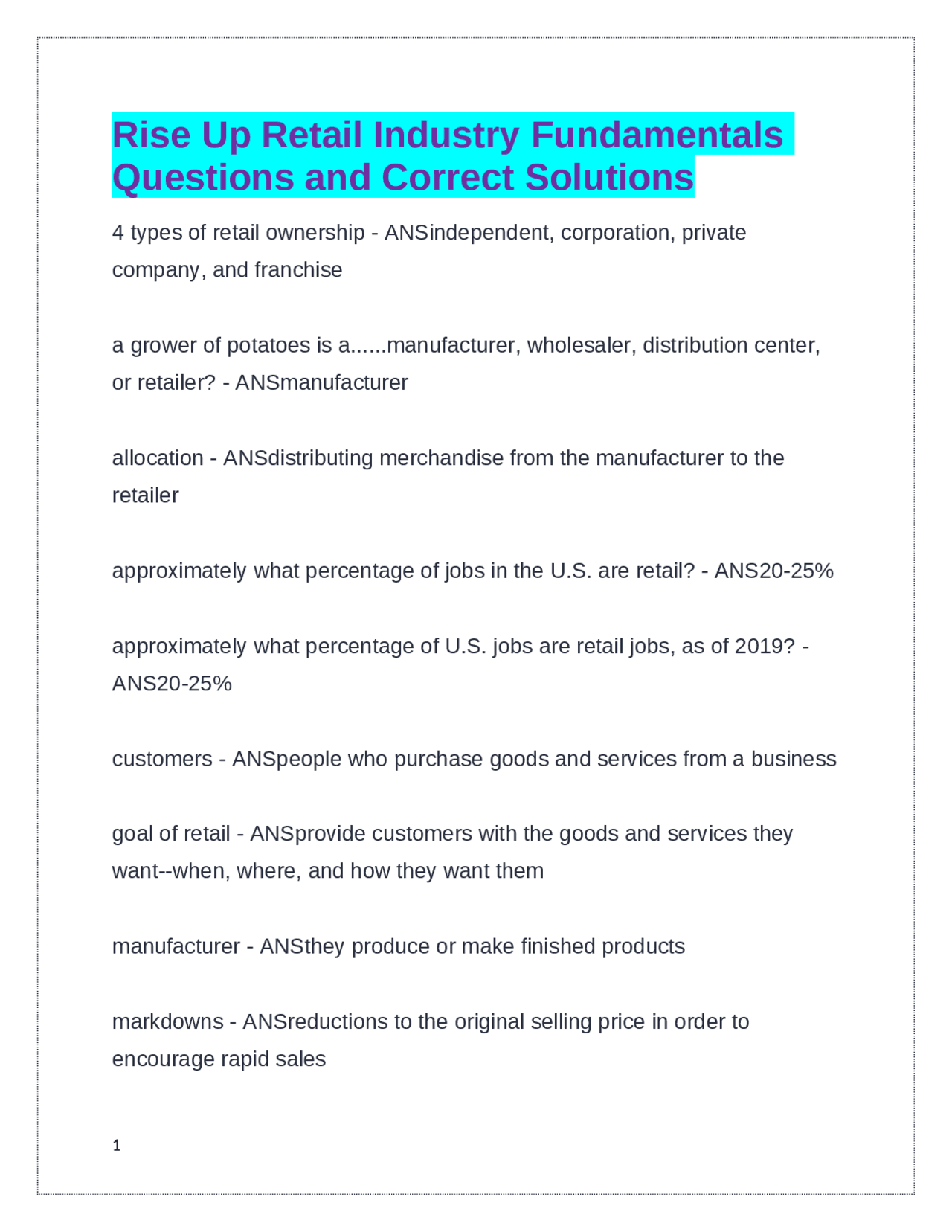 Rise Up Retail Industry Fundamentals Questions and Correct Solutions ...