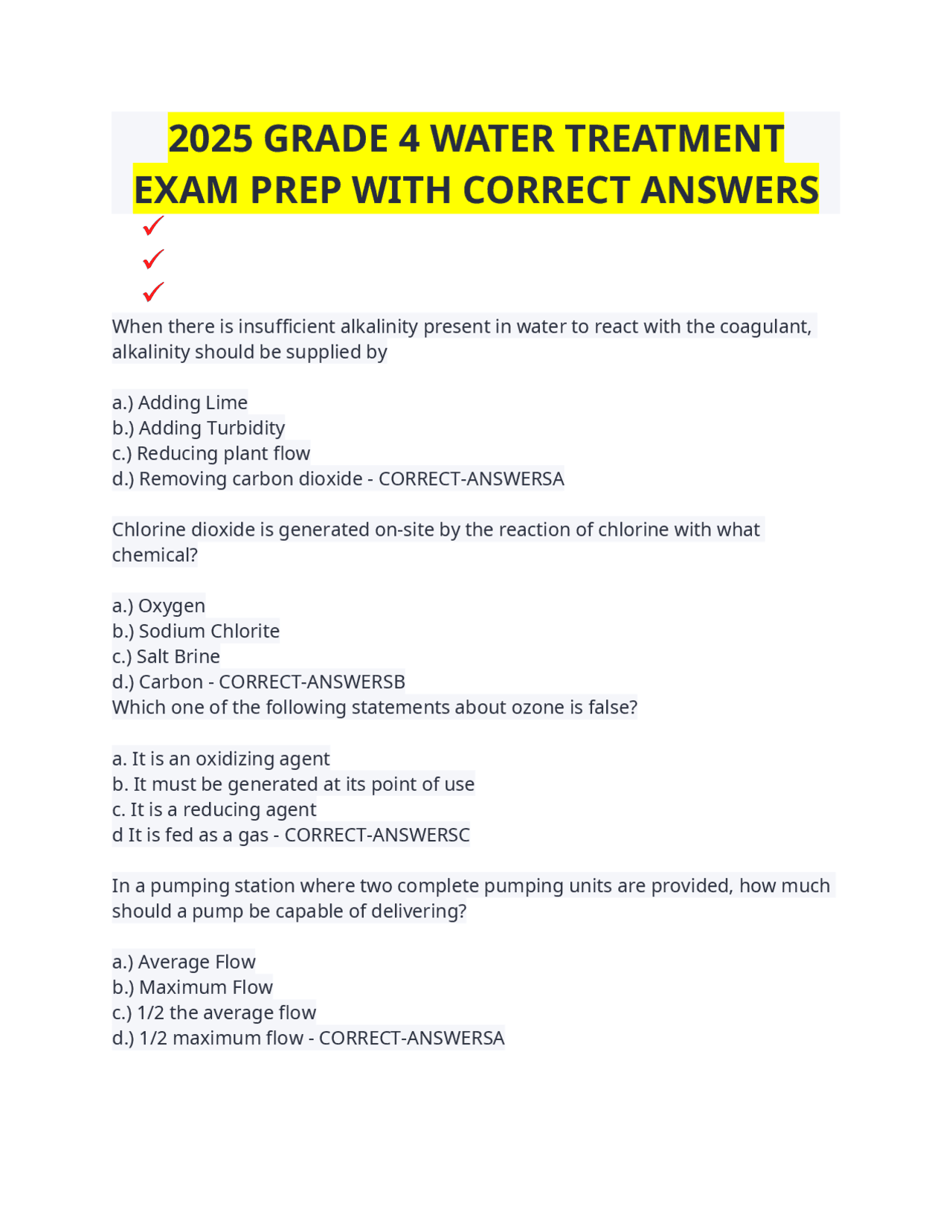 Grade 4 Water Treatment Exam Prep with Correct Answers | Exams Advanced ...