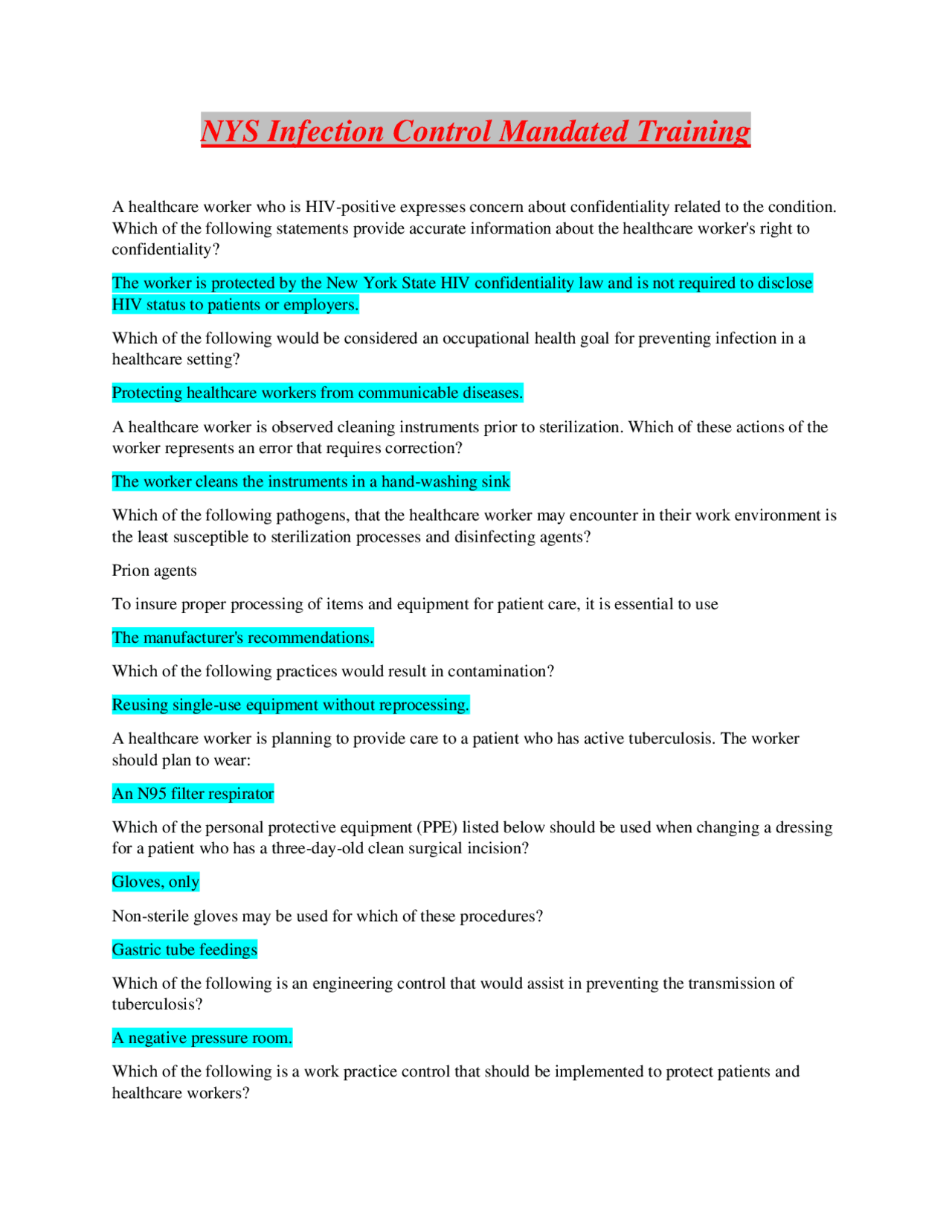 NYS Infection Control Mandated Training | Exams Public Health | Docsity