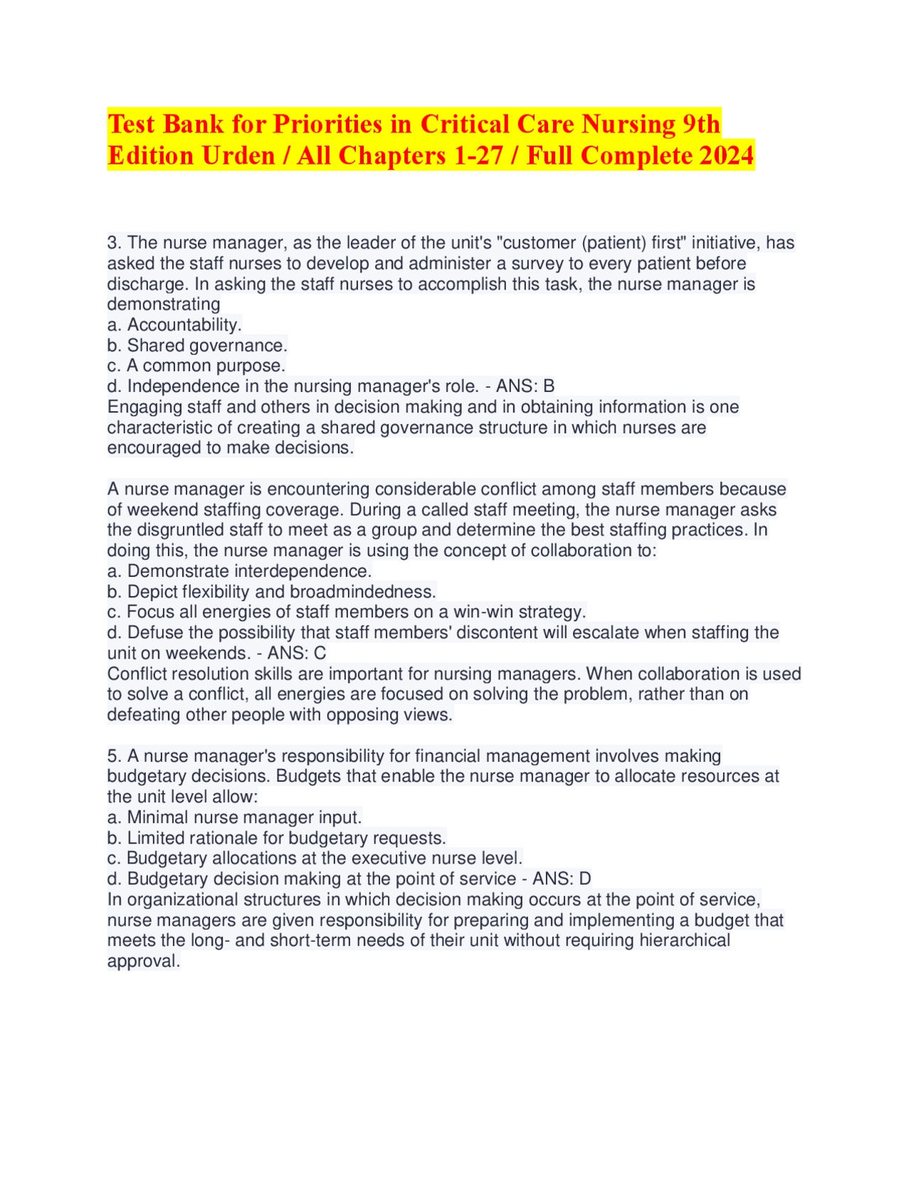 Test Bank for Priorities in Critical Care Nursing 9th Edition Urden ...