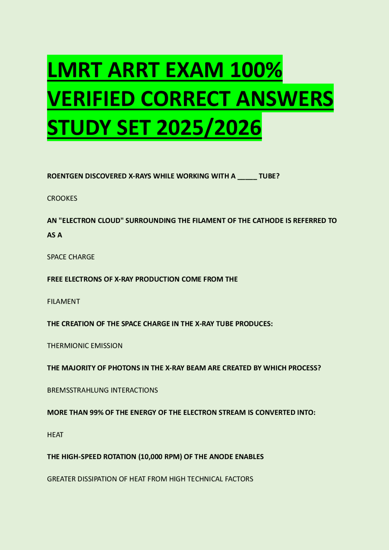 LMRT ARRT EXAM 100% VERIFIED CORRECT ANSWERS STUDY SET 2025/2026 ...