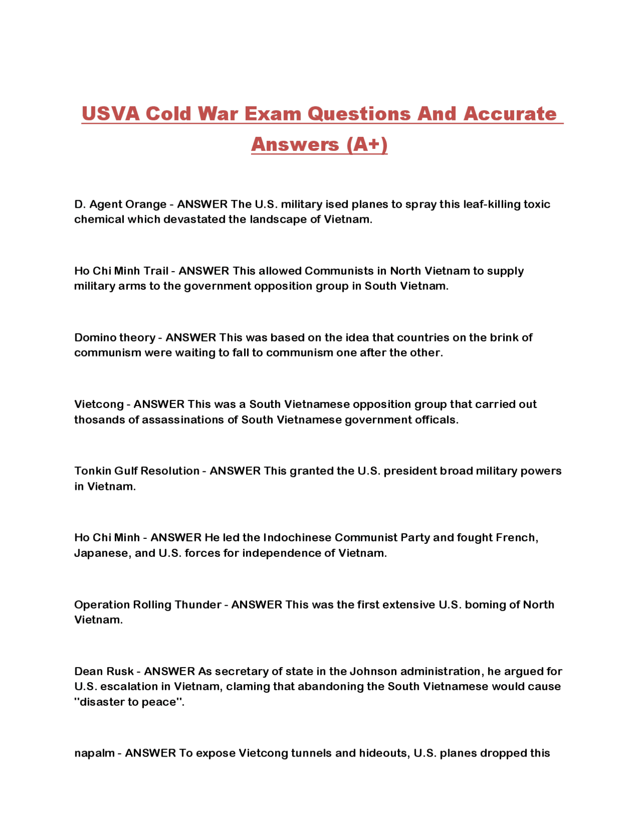 Cold War Exam Questions and Answers | Exams History | Docsity