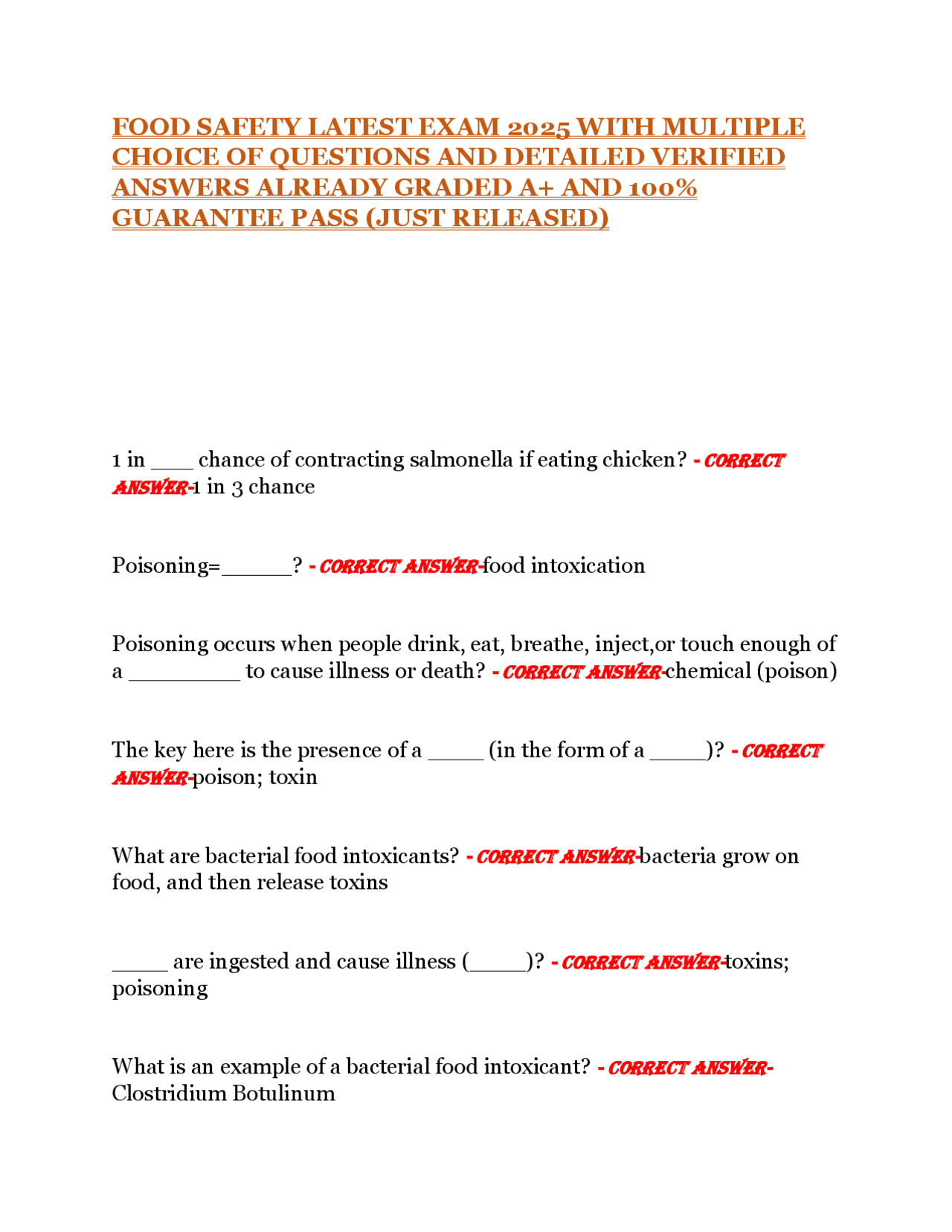 FOOD SAFETY LATEST EXAM 2025 WITH MULTIPLE CHOICE OF QUESTIONS AND ...