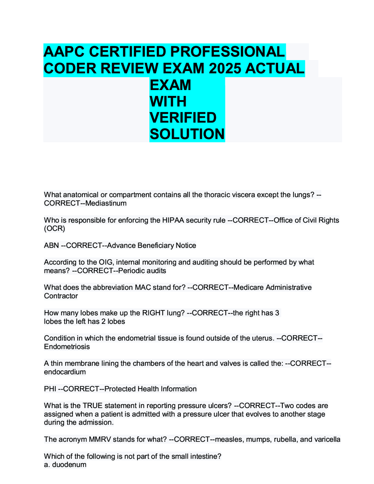 AAPC CERTIFIED PROFESSIONAL CODER REVIEW EXAM 2025 ACTUAL EXAM WITH ...
