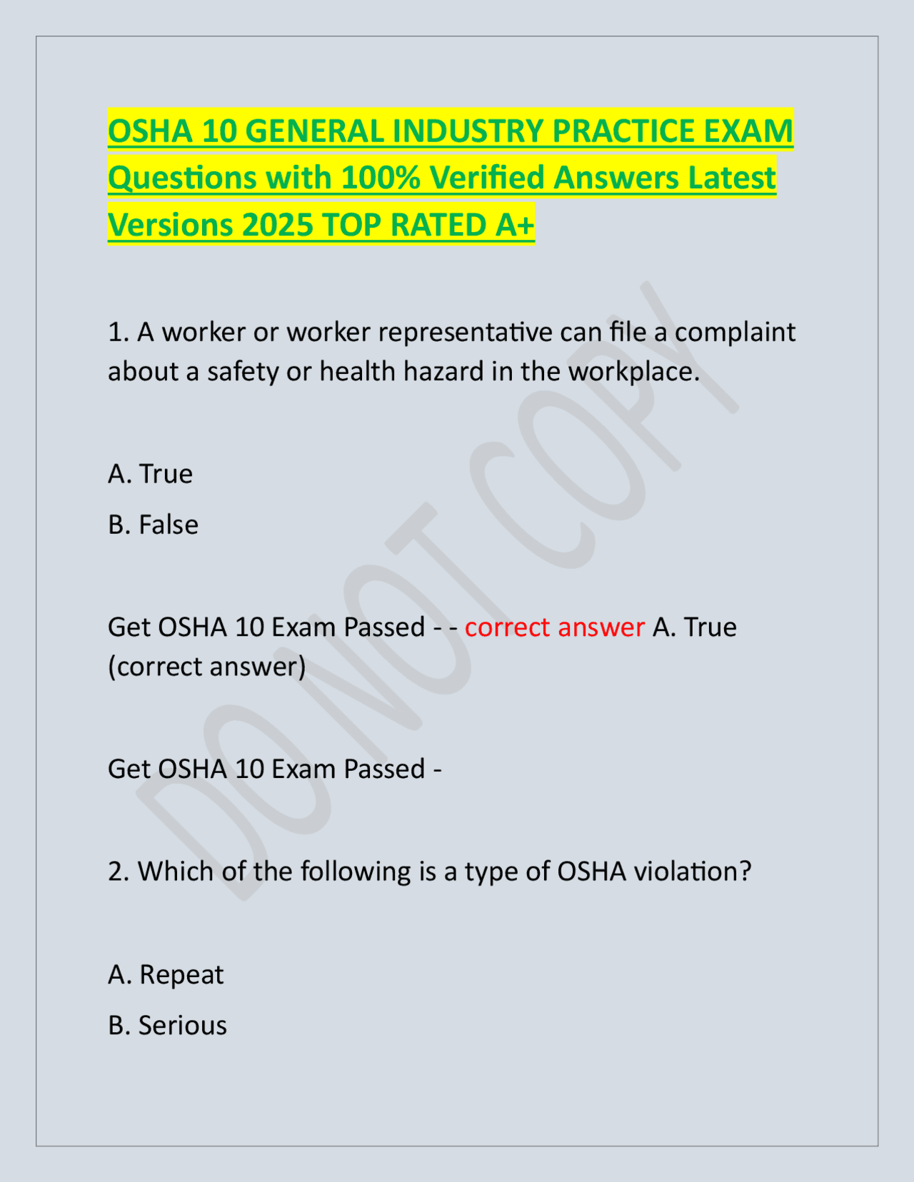 OSHA 10 GENERAL INDUSTRY PRACTICE EXAM Questions with 100% Verified ...