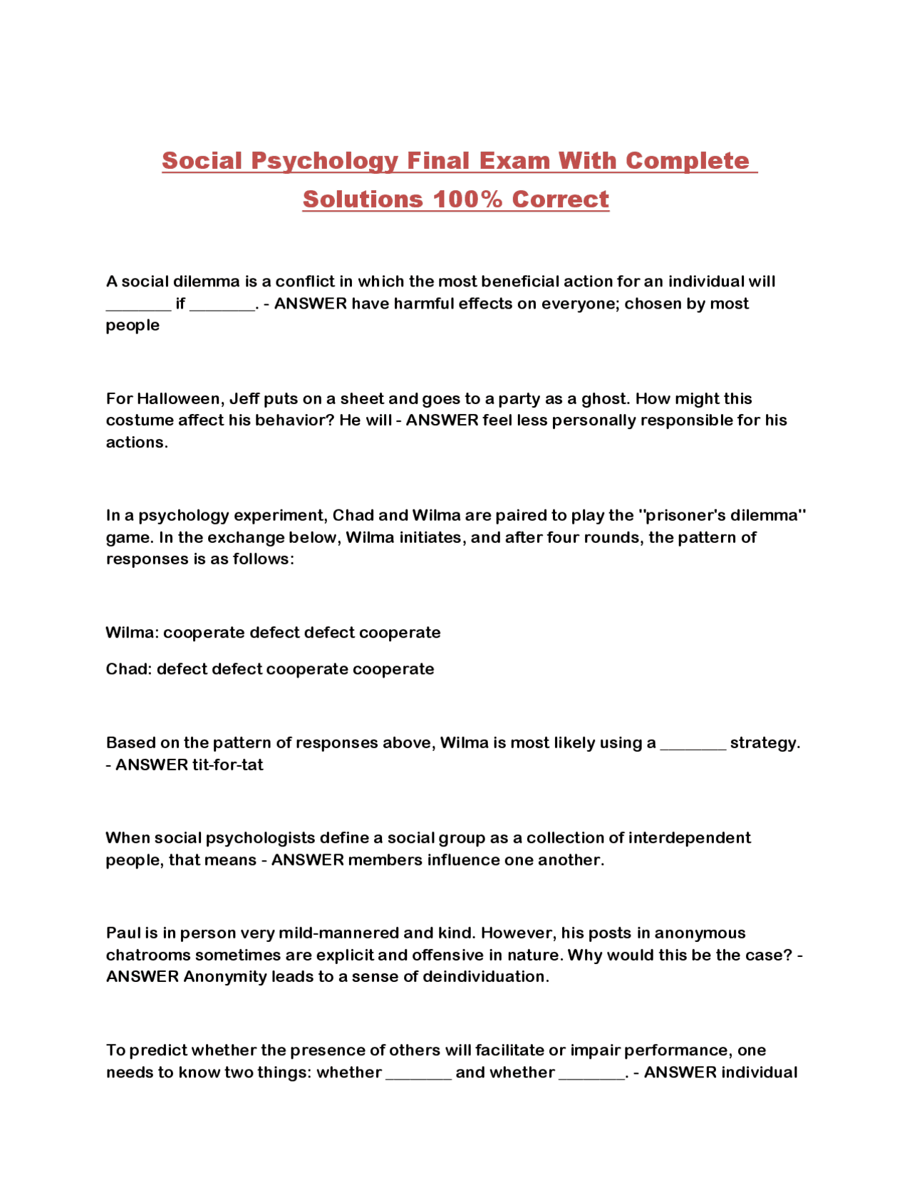 Social Psychology Final Exam Questions and Answers | Exams Social ...