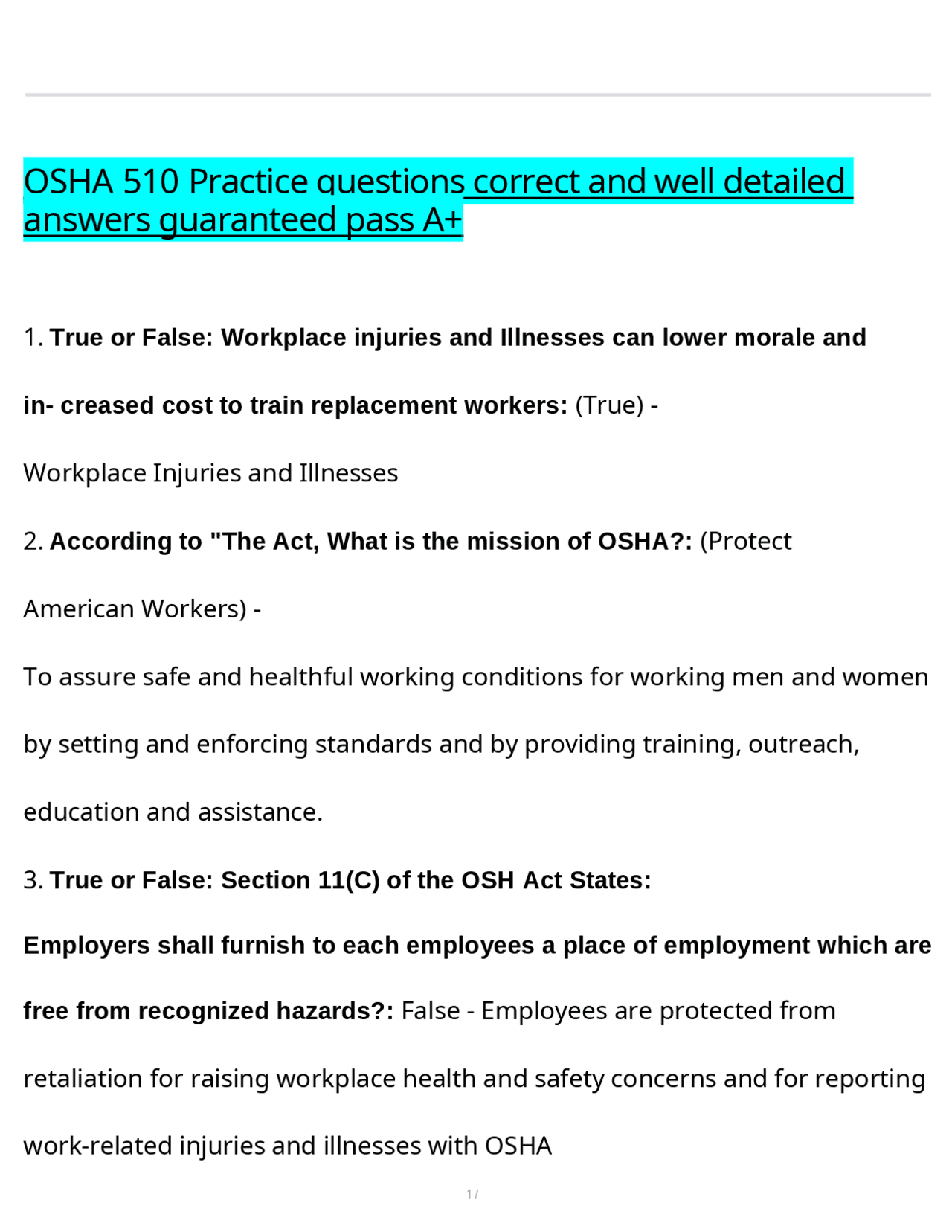 OSHA 510 Practice questions correct and well detailed answers ...