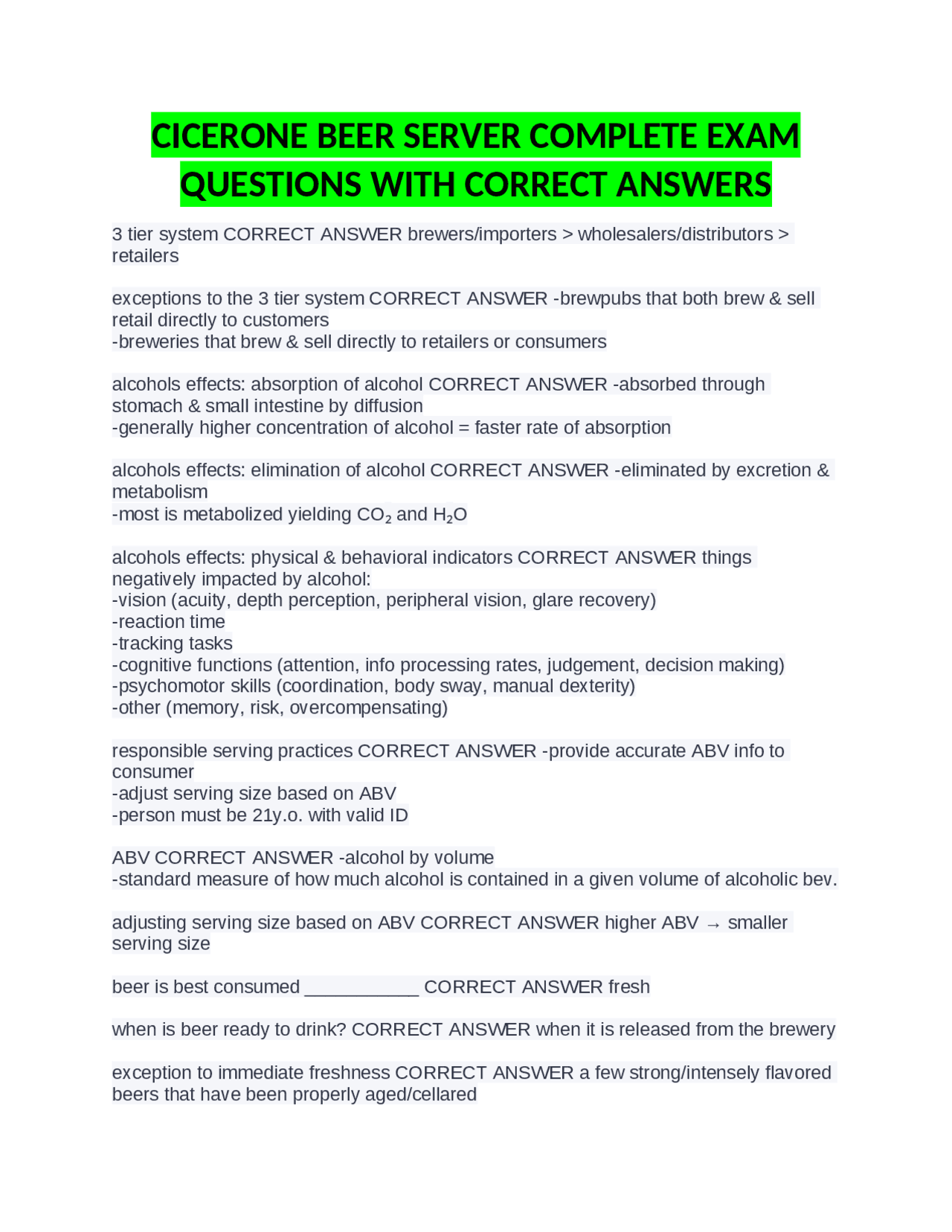 CICERONE BEER SERVER COMPLETE EXAM QUESTIONS WITH CORRECT ANSWERS ...