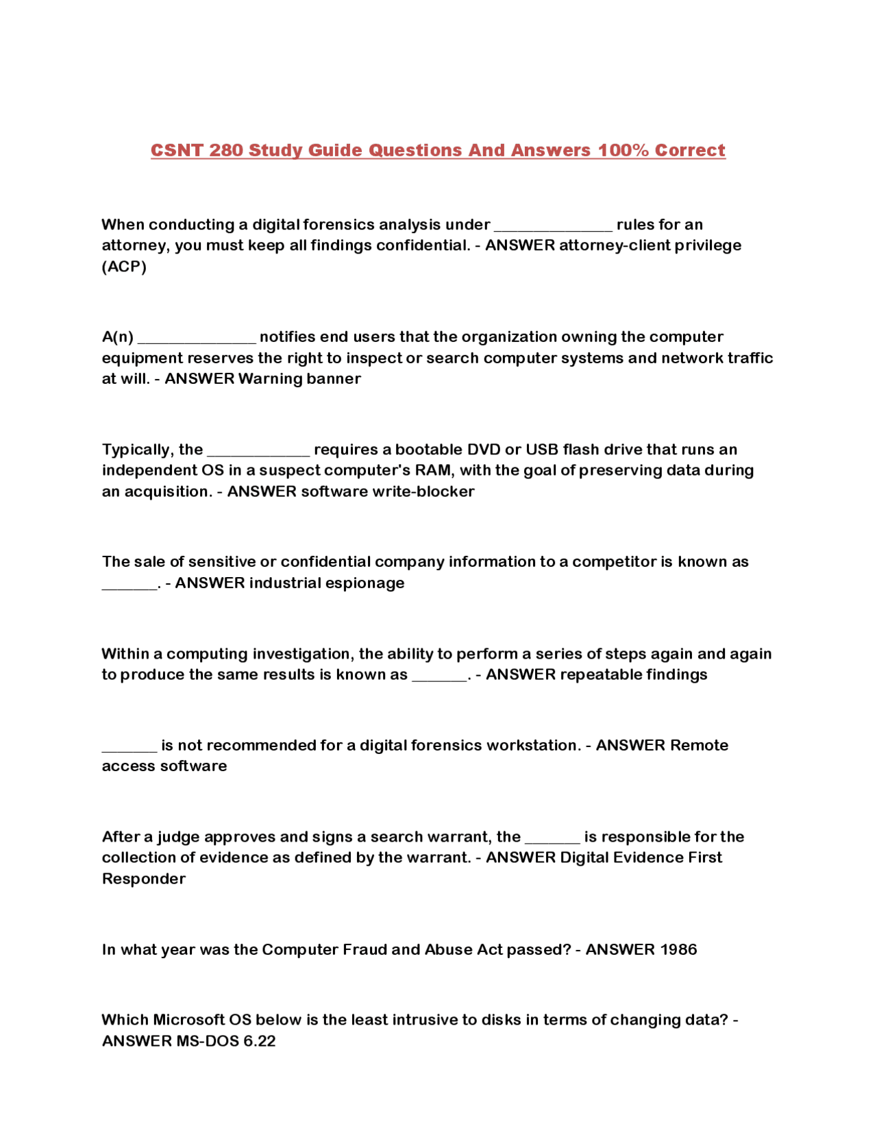 CSNT 280 Study Guide: Digital Forensics Questions and Answers | Exams Advanced Education | Docsity