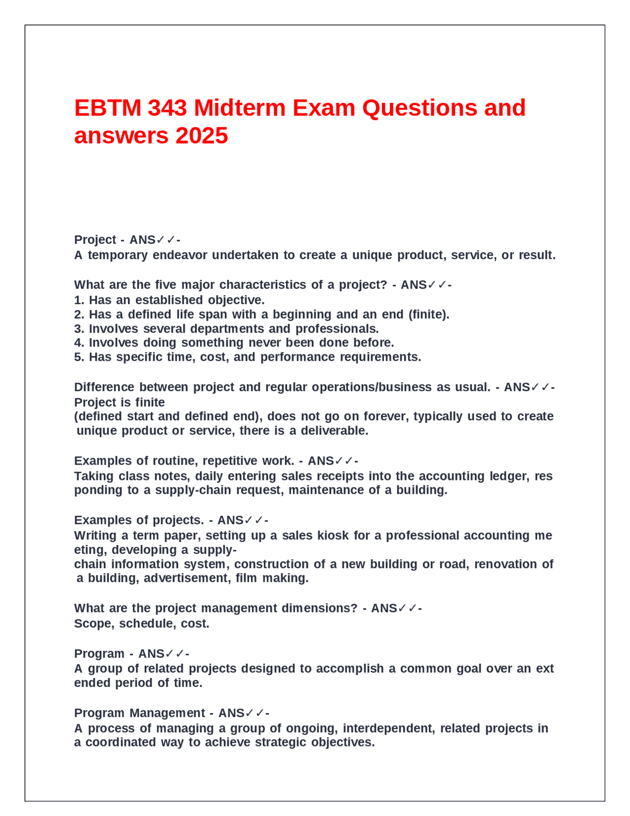EBTM 343 Midterm Exam Questions and Answers: Project Management Fundamentals | Exams Project ...