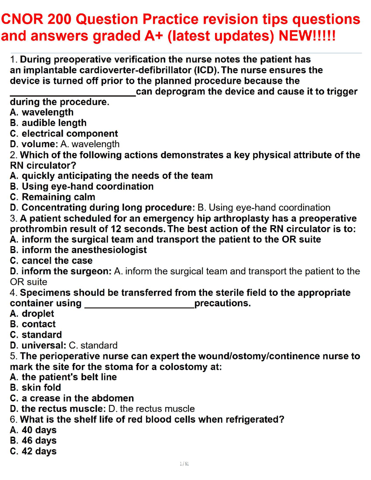 CNOR 200 Question Practice revision tips questions and answers graded ...
