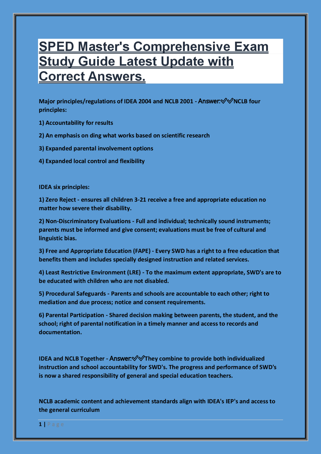 SPED Master's Comprehensive Exam Study Guide Latest Update with Correct ...