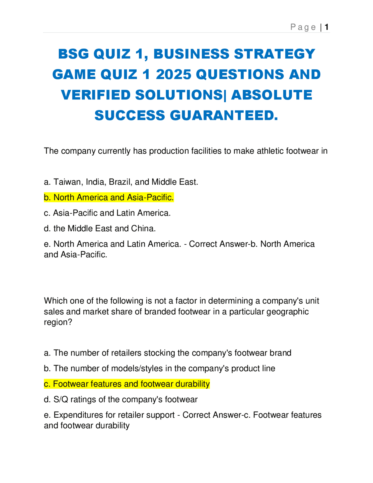 BSG QUIZ 1, BUSINESS STRATEGY GAME QUIZ 1 2025 QUESTIONS AND VERIFIED ...