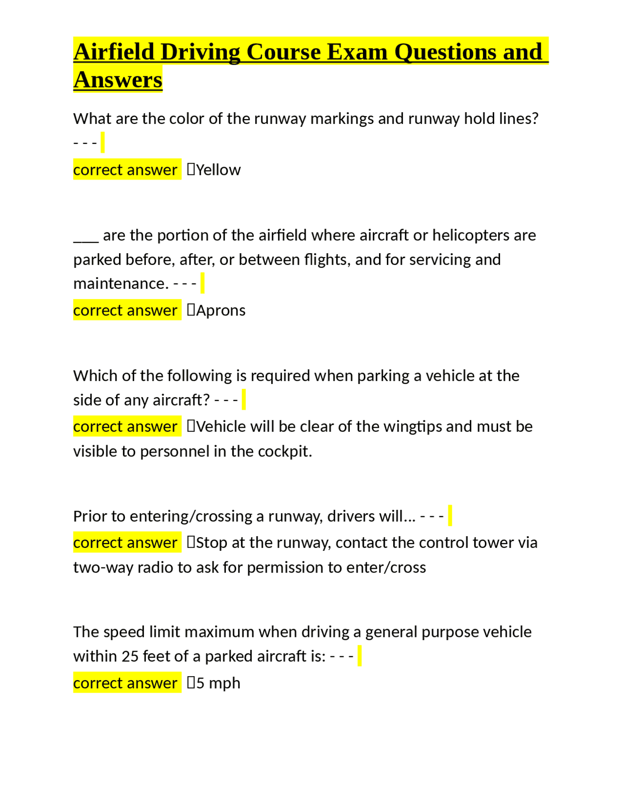 Airfield Driving Course Exam Questions and Answers | Exams Engineering ...