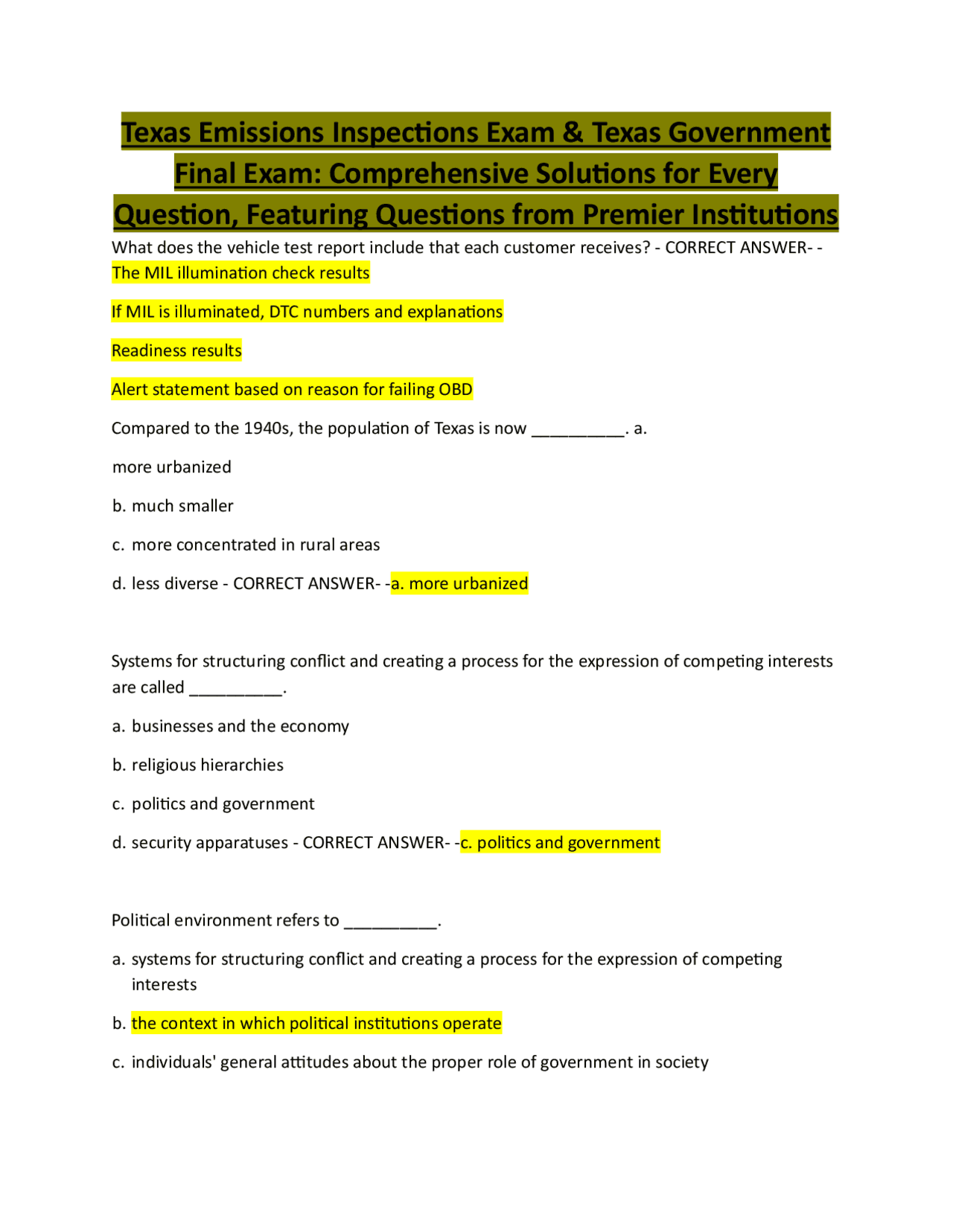 Texas Emissions Inspections Exam & Texas Government Final Exam ...