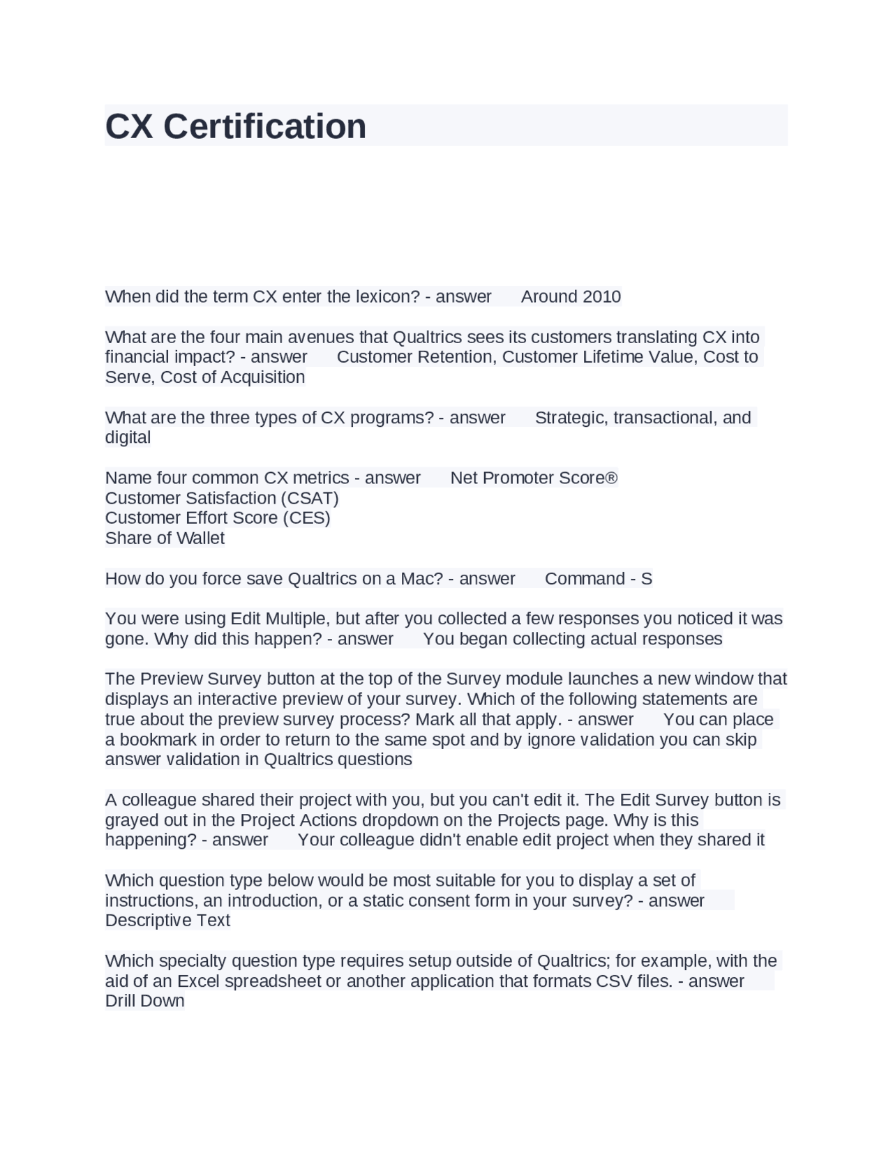 CX Certification Questions and Answers Correct | Exams Advanced ...