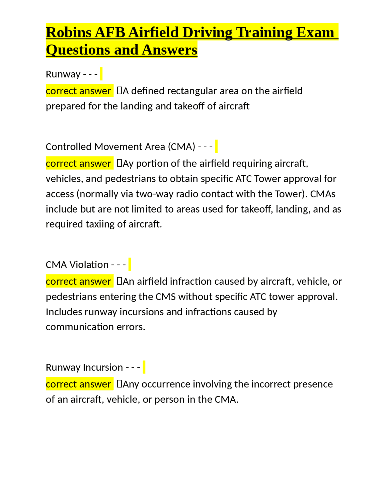 Robins AFB Airfield Driving Training Exam Questions and Answers | Exams ...