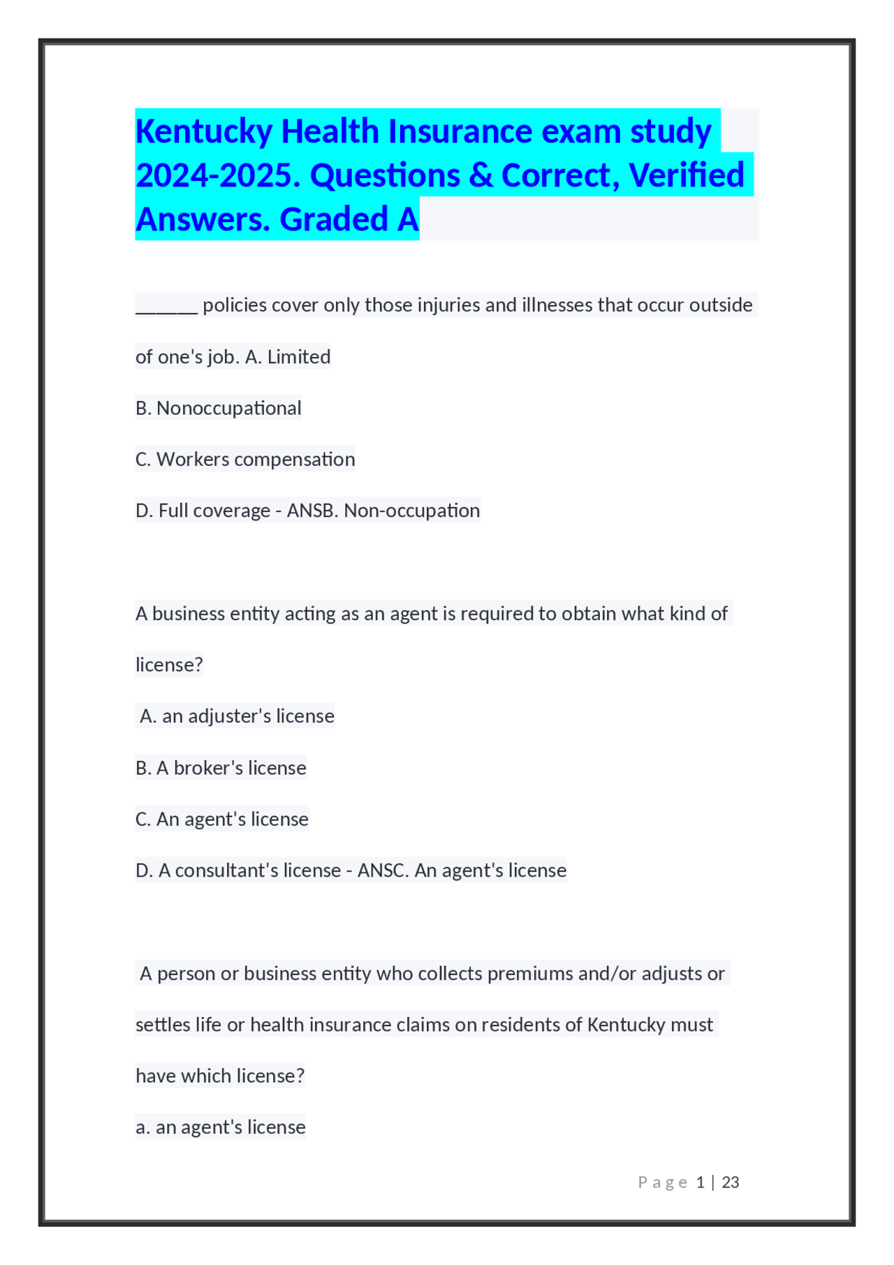 Kentucky Health Insurance Exam Study Guide: Questions and Answers for ...