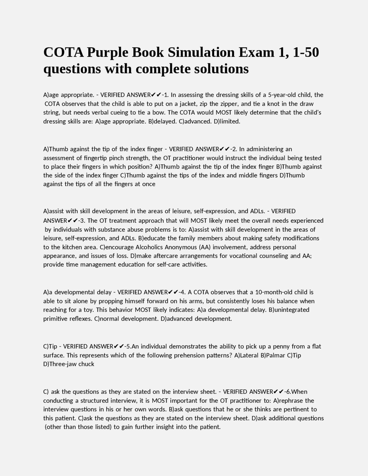 COTA Purple Book Simulation Exam 1: Occupational Therapy Practice Questions and Answers | Exams ...