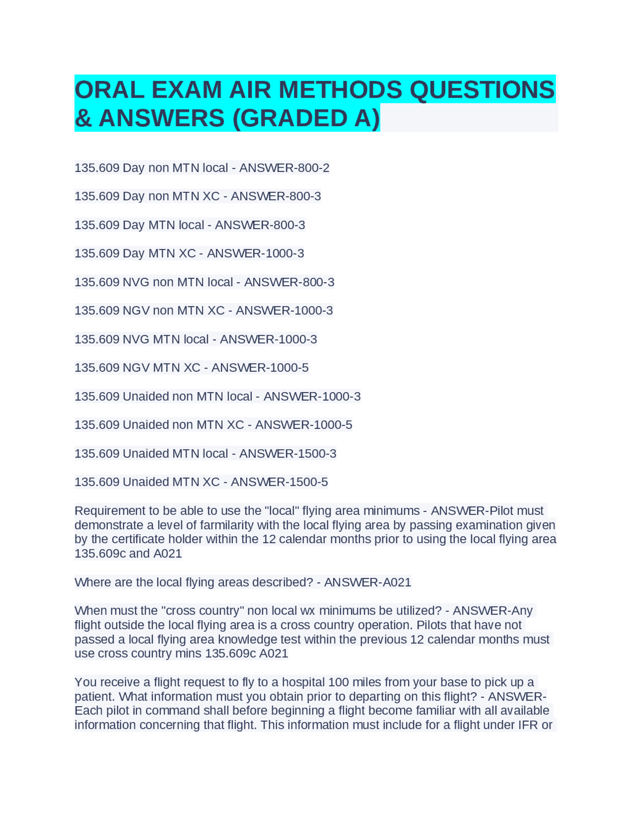 ORAL EXAM AIR METHODS QUESTIONS & ANSWERS (GRADED A) | Exams Aviation ...