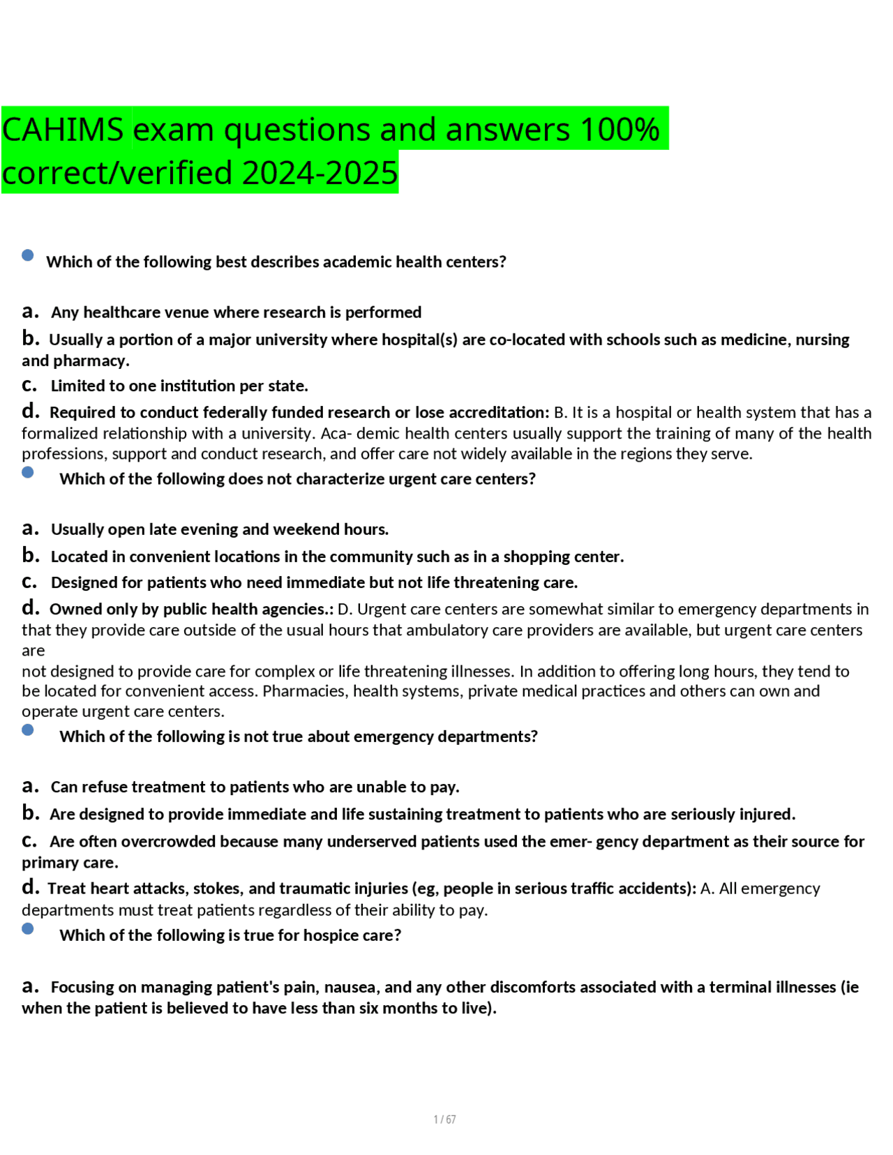 CAHIMS Exam Questions and Answers: 2024-2025 | Exams Nursing | Docsity