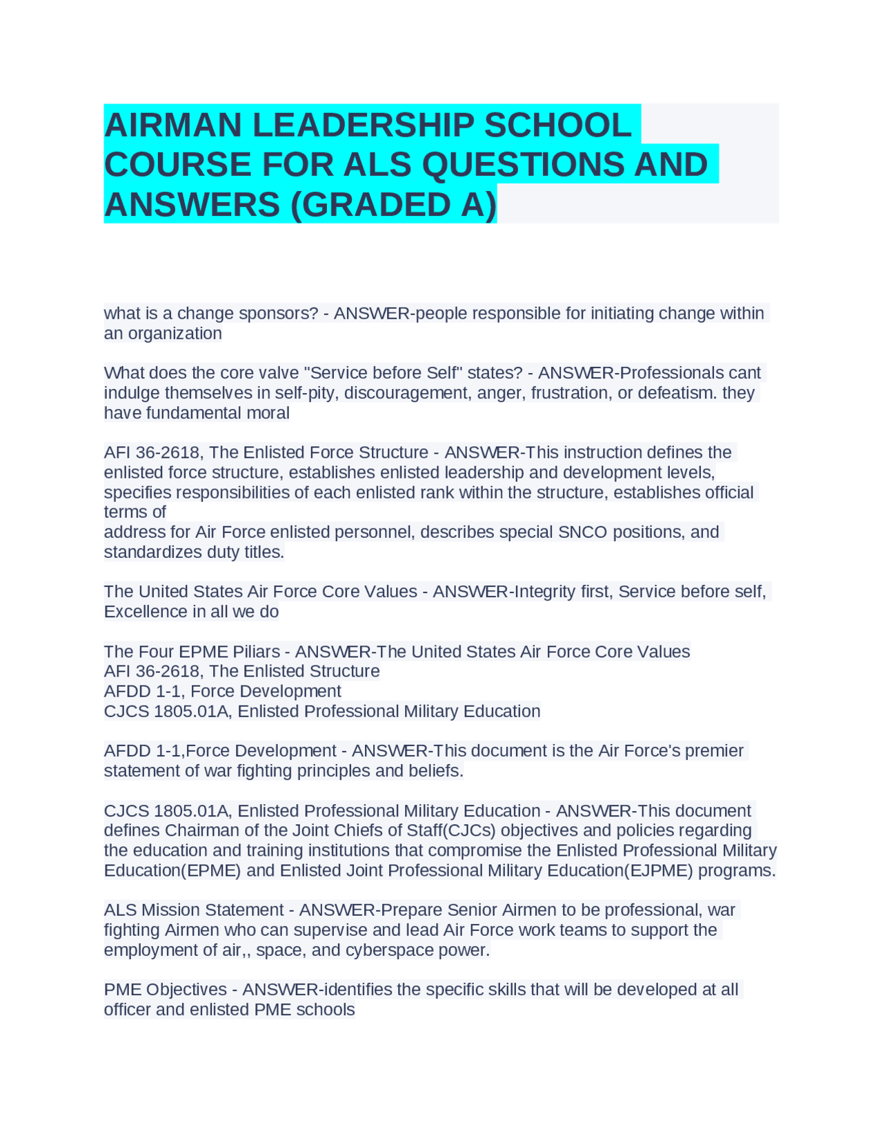 AIRMAN LEADERSHIP SCHOOL COURSE FOR ALS QUESTIONS AND ANSWERS (GRADED A ...