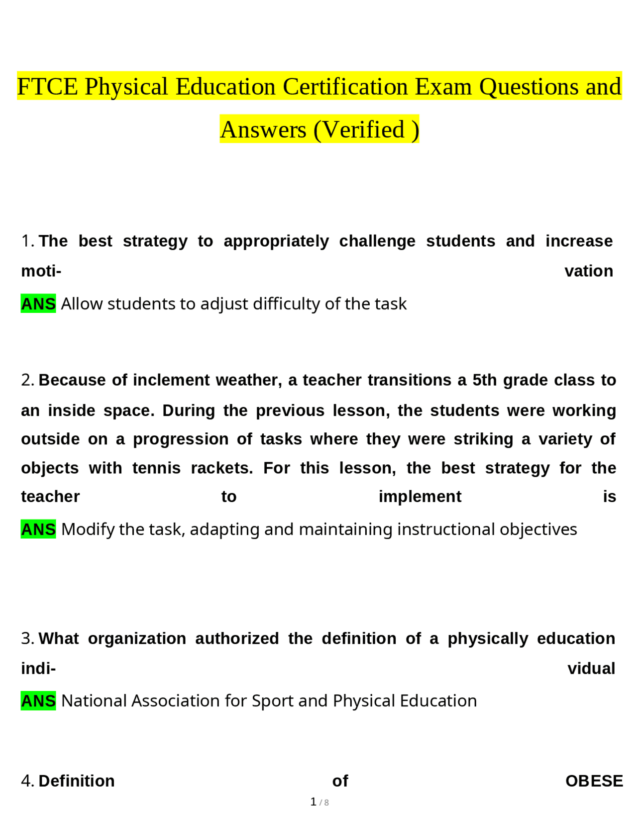FTCE Physical Education Certification Exam tested questions (latest ...