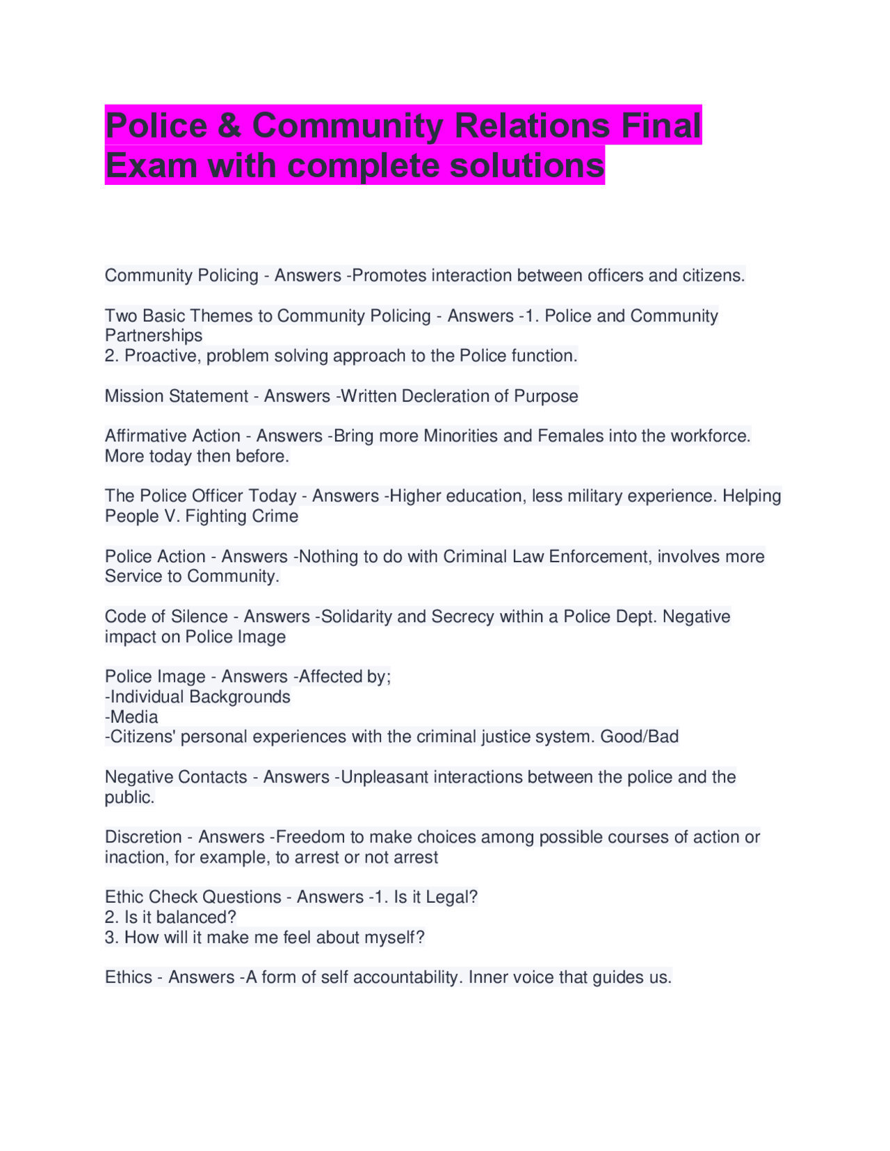 Police & Community Relations: Final Exam with Complete Solutions ...