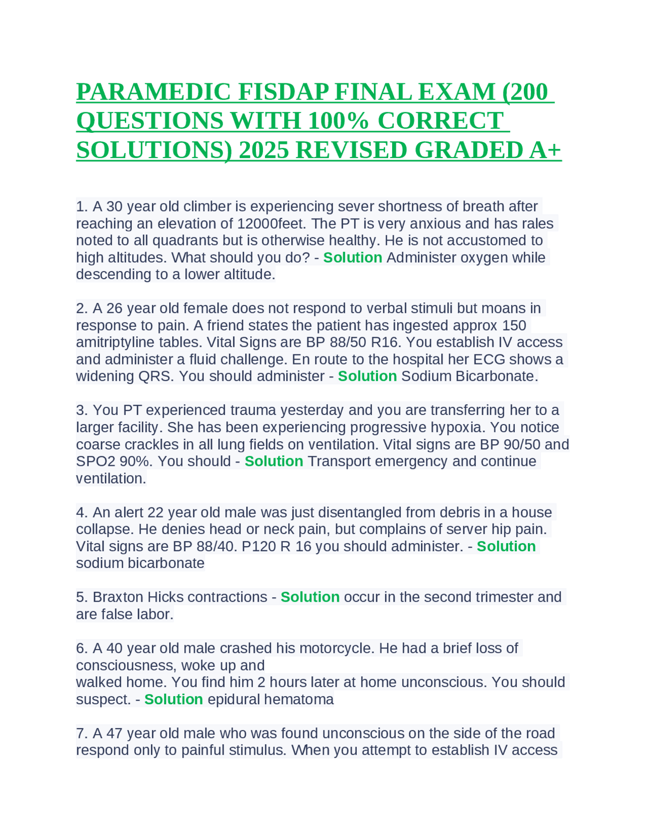 Paramedic FISDAP Final Exam: 200 Questions with Solutions | Exams Nursing | Docsity