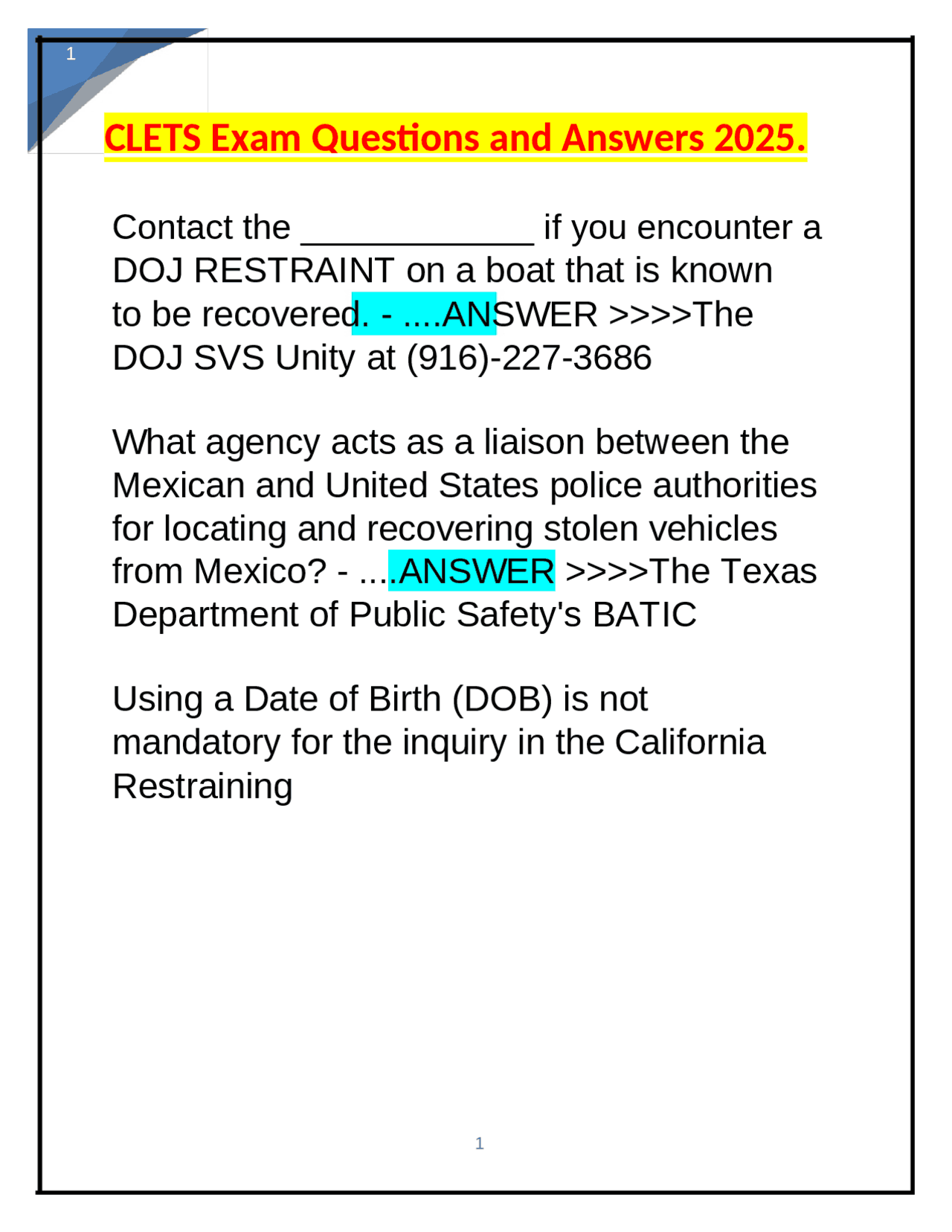 CLETS Exam Questions and Answers 2025 | Exams Nursing | Docsity