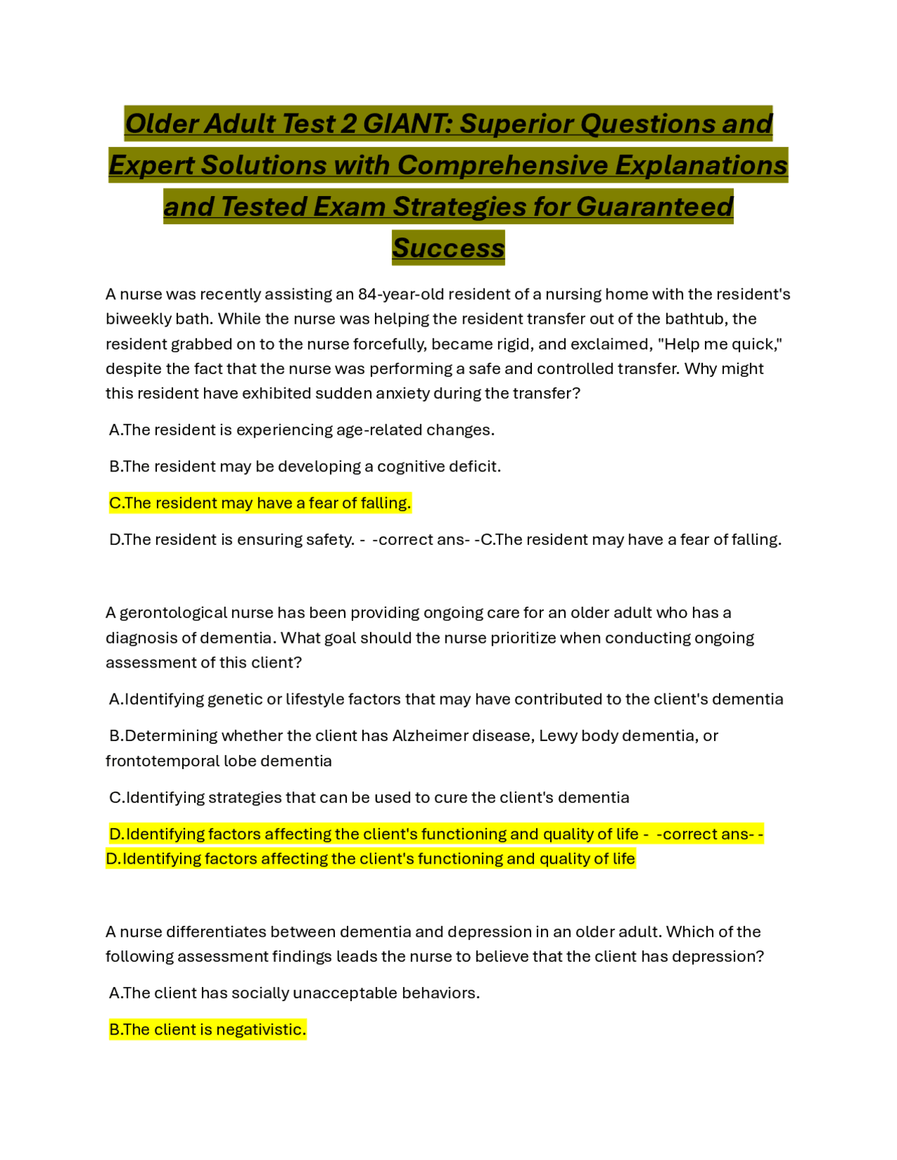 Geriatric Nursing: Multiple Choice Questions and Answers | Exams ...