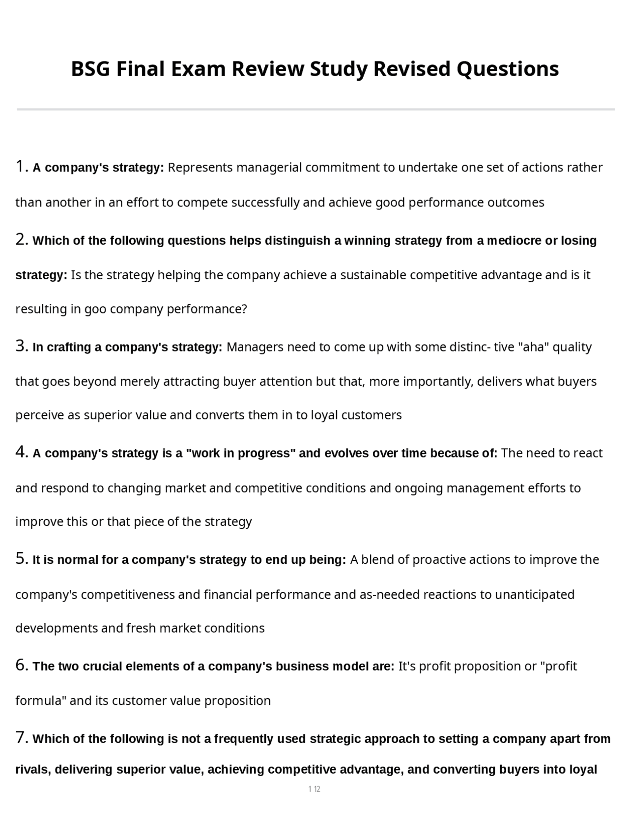 BSG Final Exam Review Study: Revised Questions on Business Strategy ...
